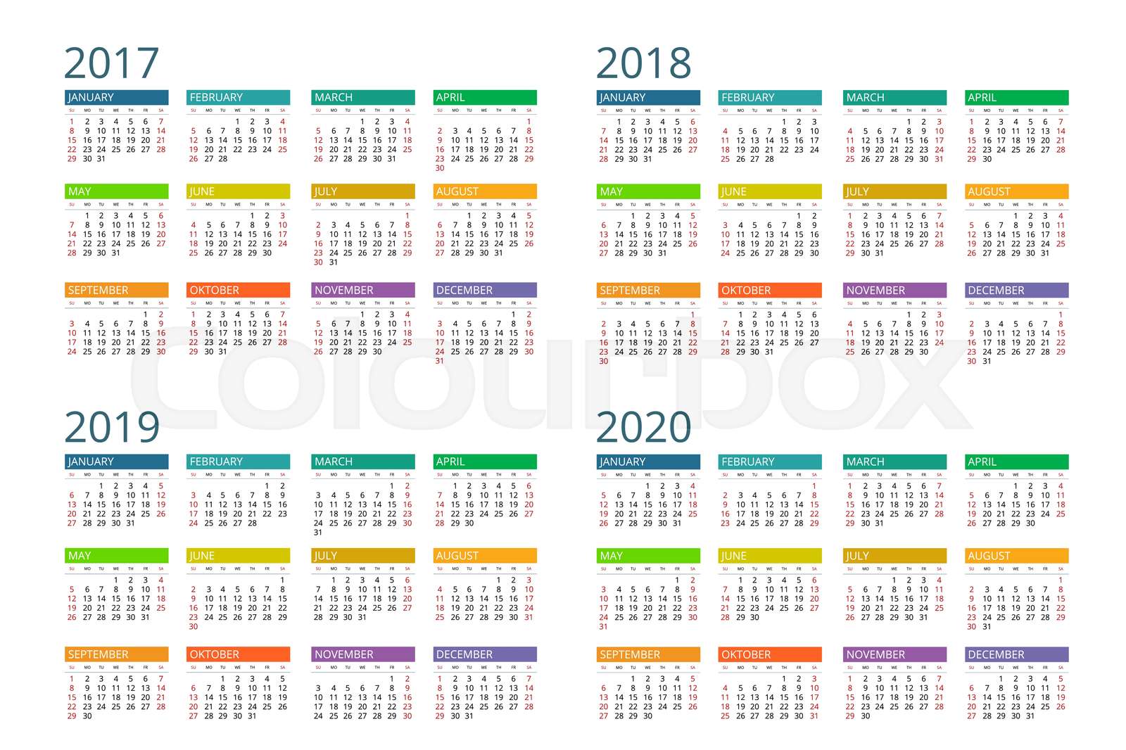 Calendar for 2017, 2018, 2019, 2020. | Stock vector | Colourbox