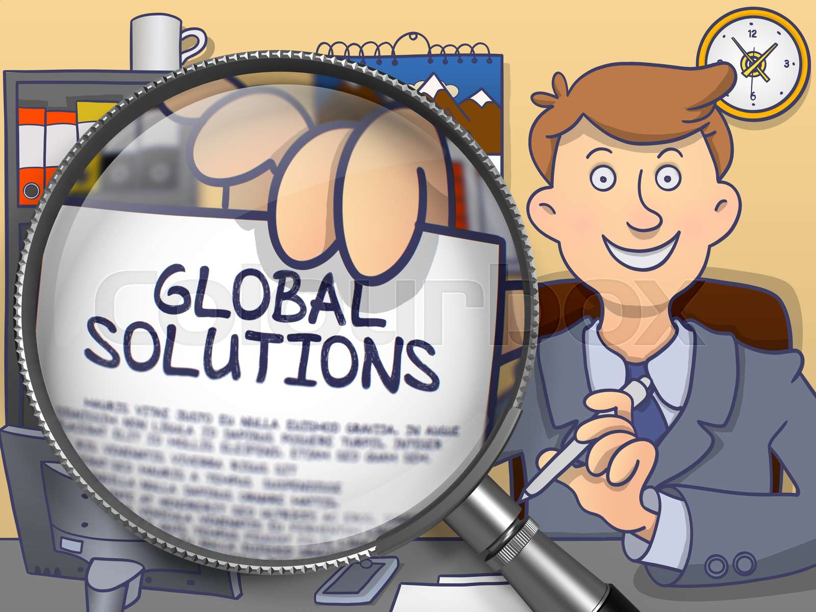Global Solutions through Magnifier. Doodle Concept. | Stock image | Colourbox