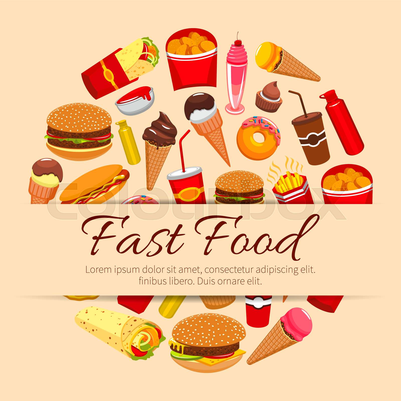 Fast food snacks and desserts vector poster | Stock vector | Colourbox