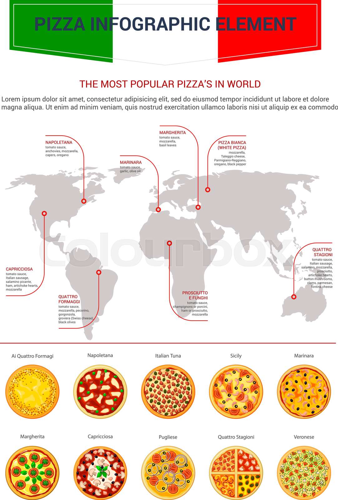 Pizza popular world map infographics vector | Stock vector | Colourbox