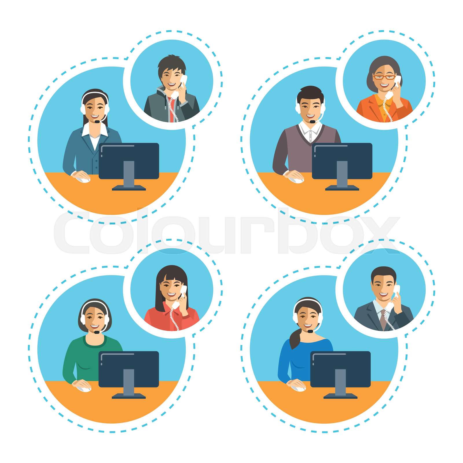 Call center agents talk on the phone with customer | Stock vector ...