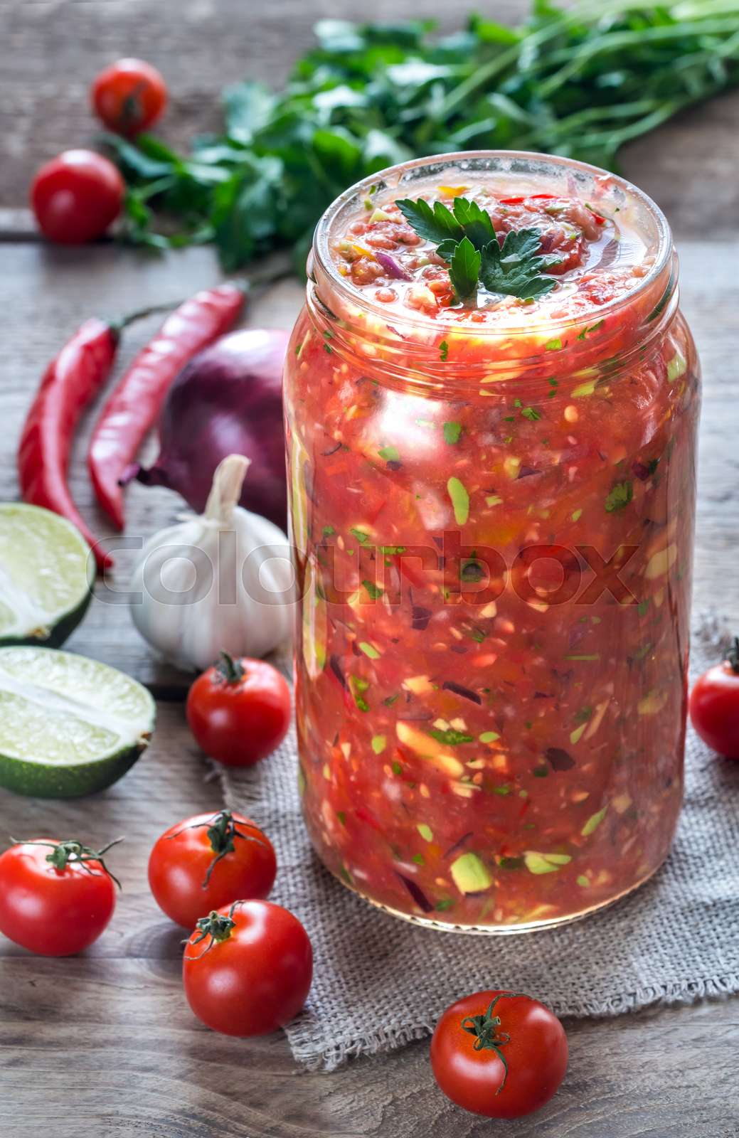 Jar of salsa with ingredients | Stock image | Colourbox
