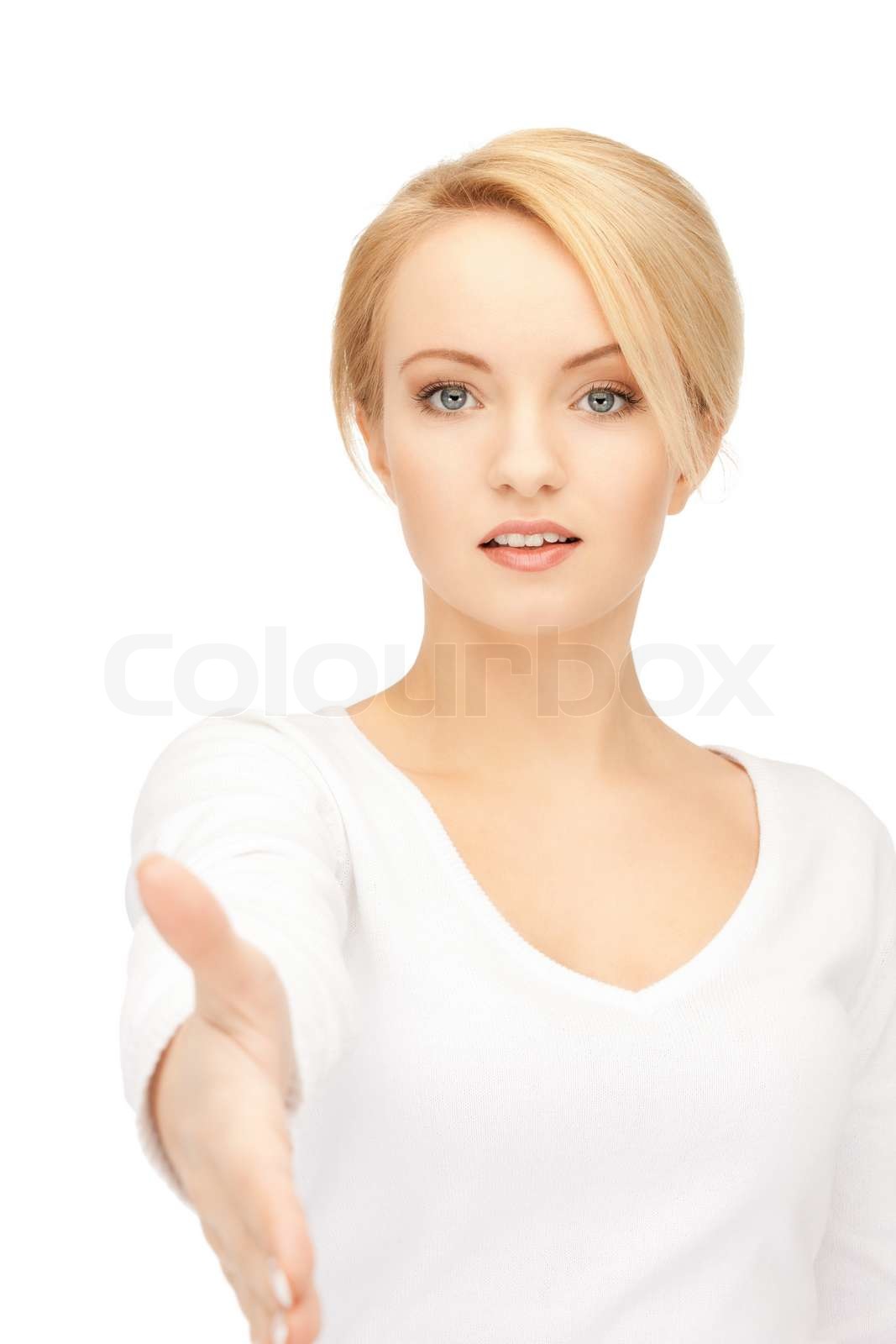 lovely woman with an open hand ready for handshake | Stock image ...