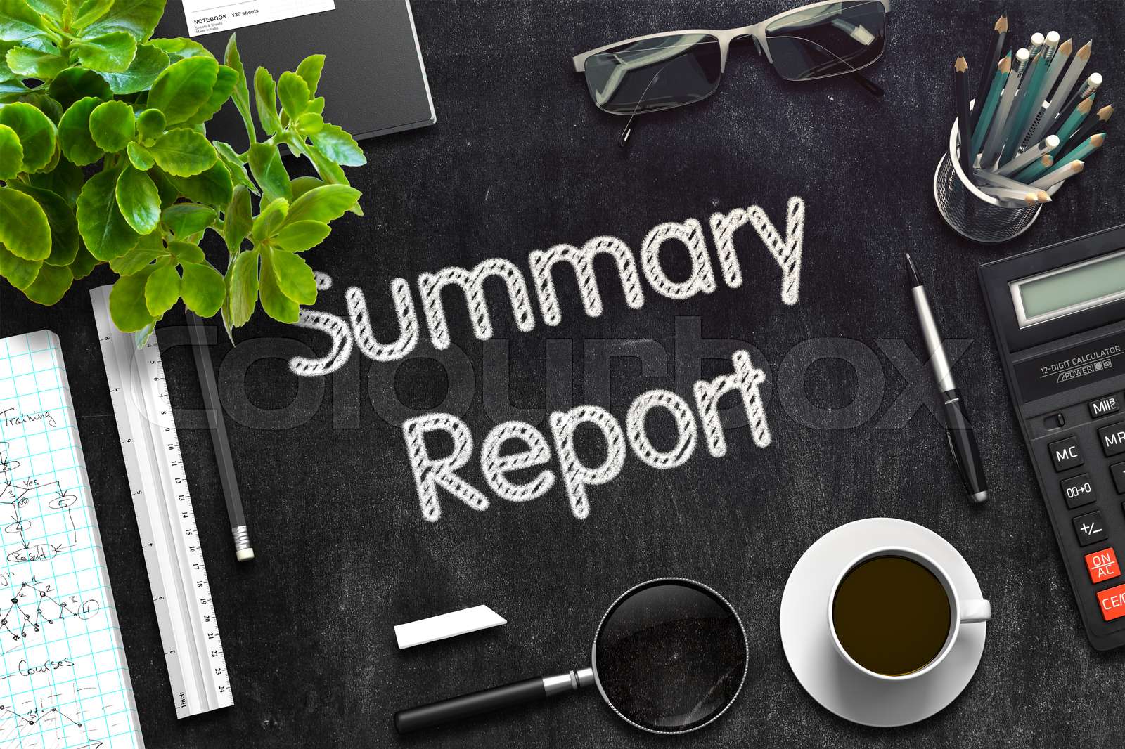 Summary Report Concept on Black Chalkboard. 3D Rendering. | Stock image ...