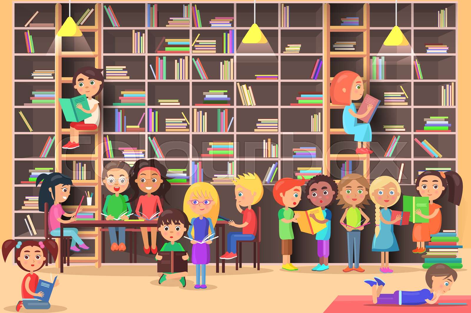 Children Read in the Library Vector Illustration. | Stock vector ...