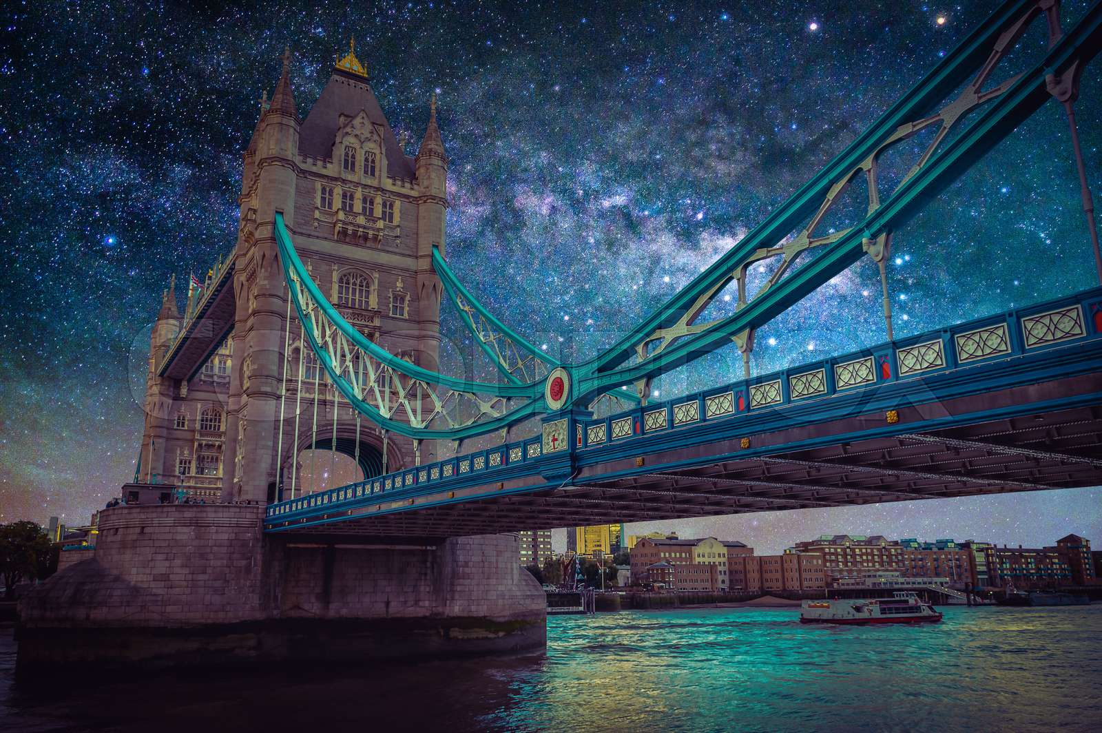 Landscape with Milky way galaxy. Night sky with stars over Tower Bridge ...