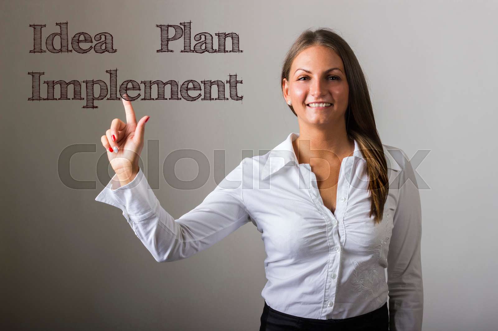 Idea - Plan - Implement - Beautiful girl touching text on transparent ... Idea - Plan - Implement - Beautiful girl touching text on transparent ...