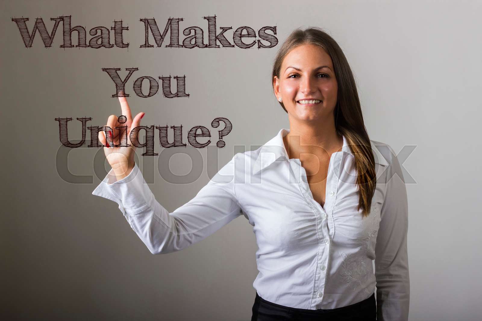 What Makes You Unique? - Beautiful girl touching text on transparent ...