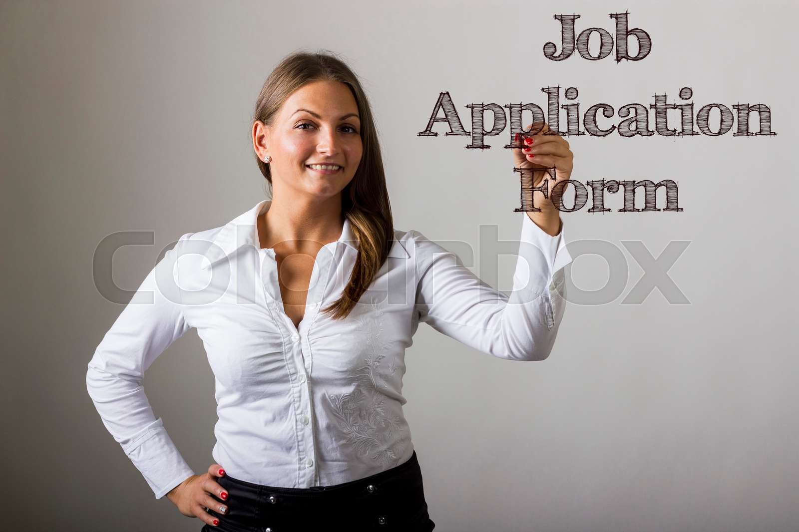 Job Application Form - Beautiful girl writing on transparent surface ...