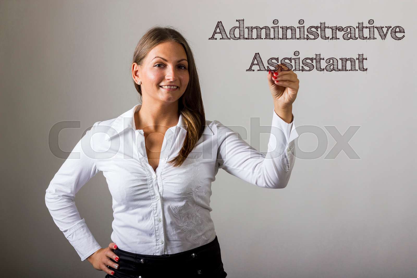 Administrative Assistant - Beautiful girl writing on transparent ...