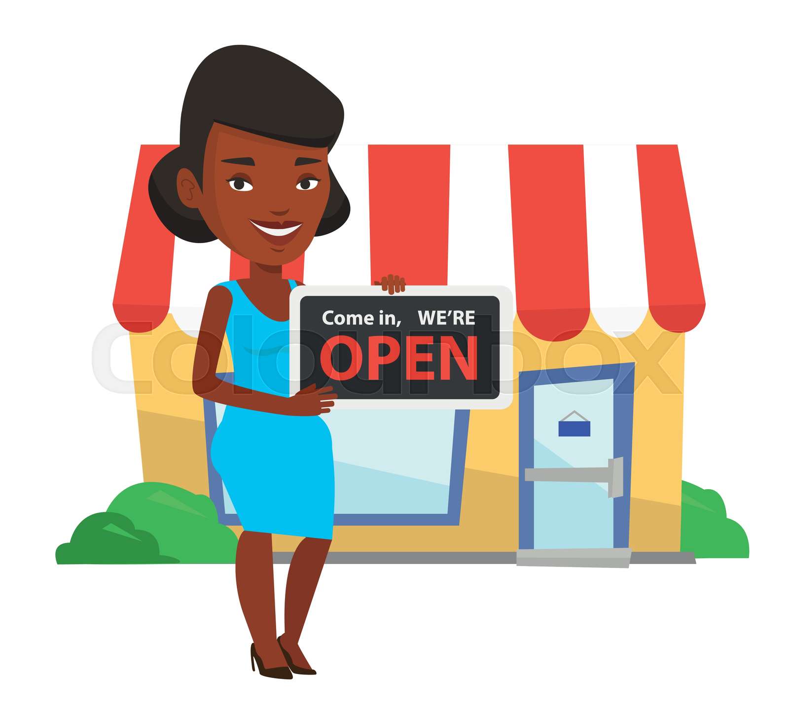 African shop owner holding open signboard. | Stock vector | Colourbox