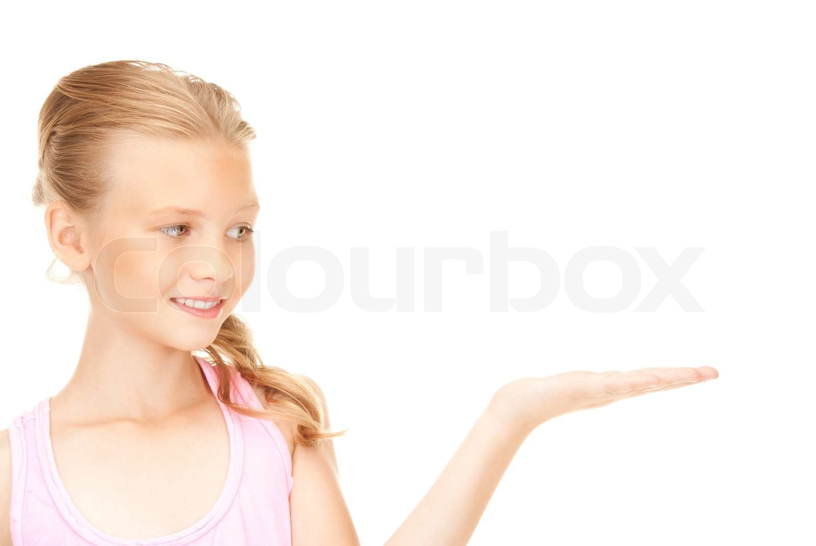 lovely girl holding something on the palm of her hand | Stock image ...