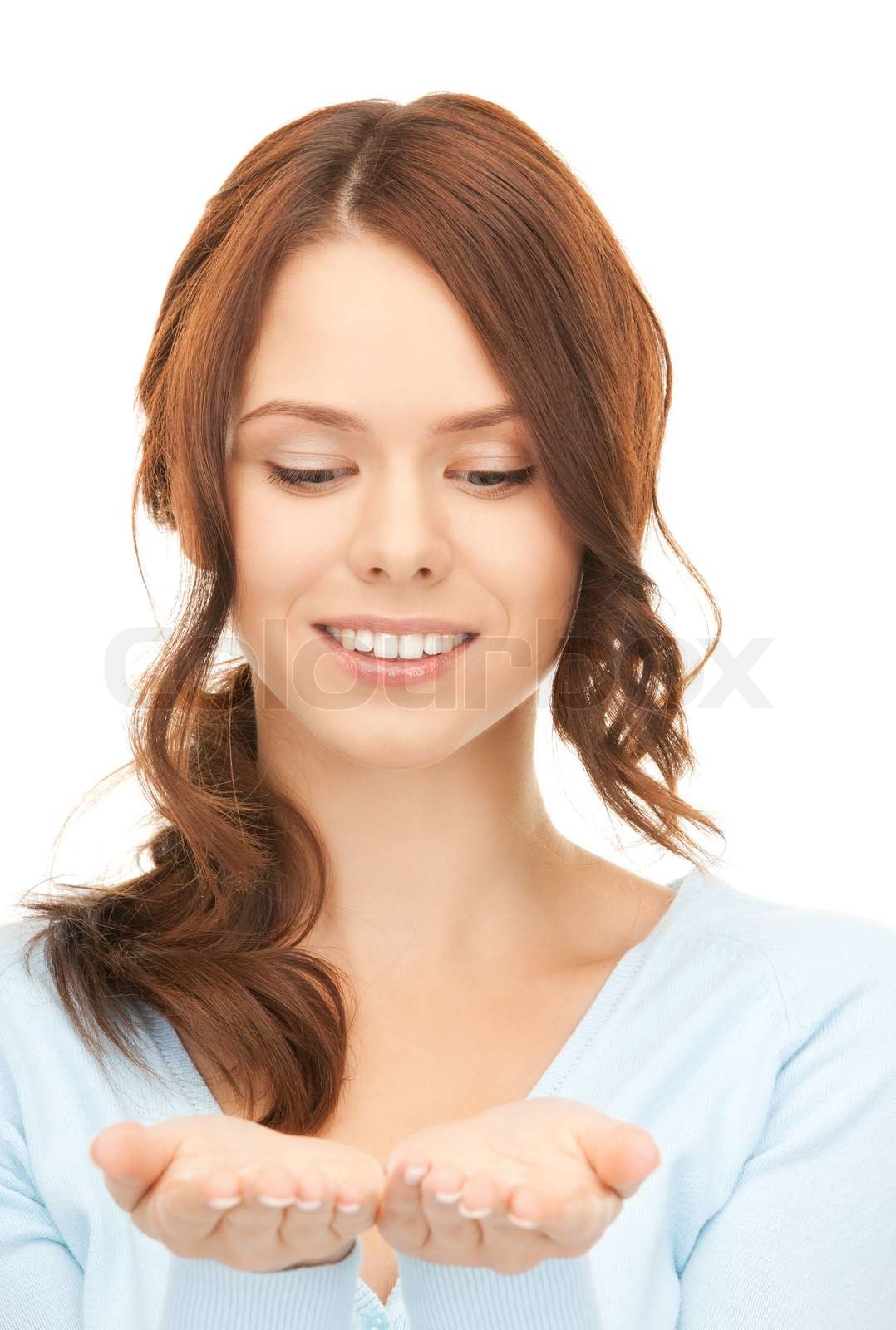 beautiful woman showing something on the palms of her hands | Stock ...