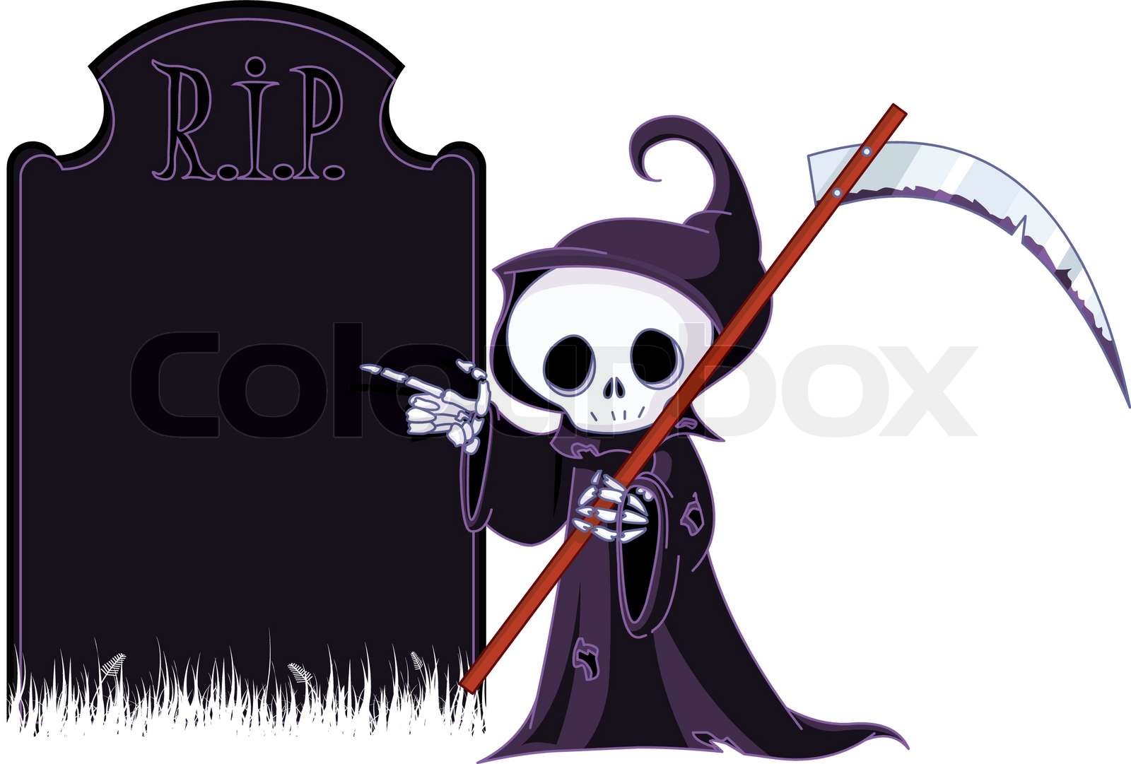niedliche Cartoon-Sensenmann mit Scythepointing nach tombstone | Stock ...