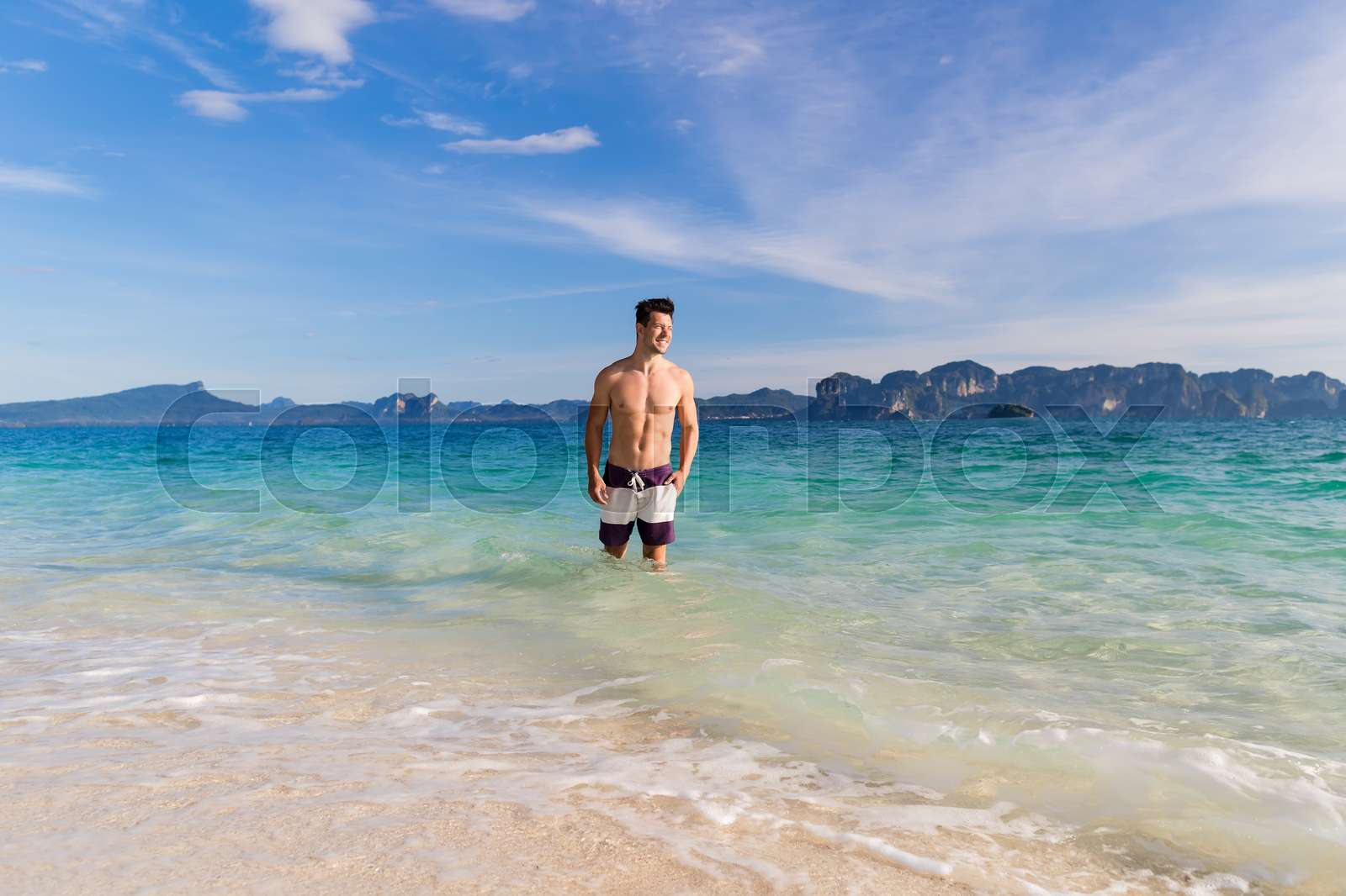 Young Man On Beach Summer Vacation, Guy Seaside Blue Water | Stock ...