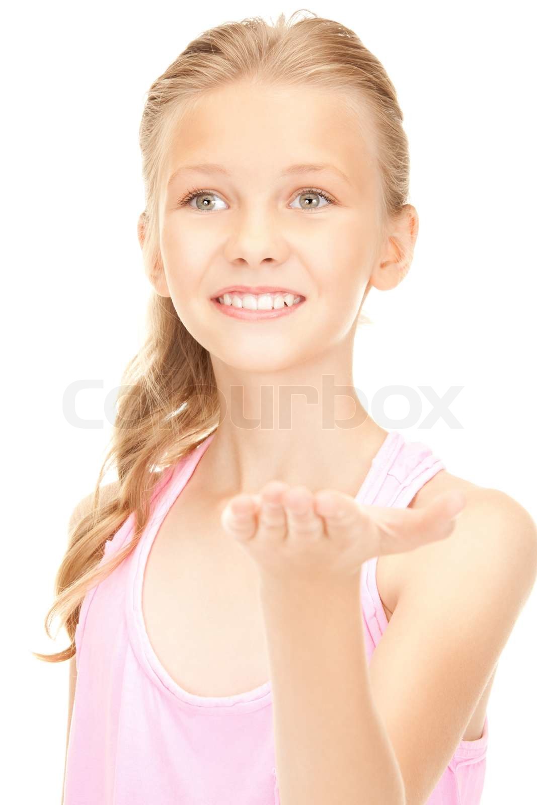 lovely girl holding something on the palm of her hand | Stock image ...