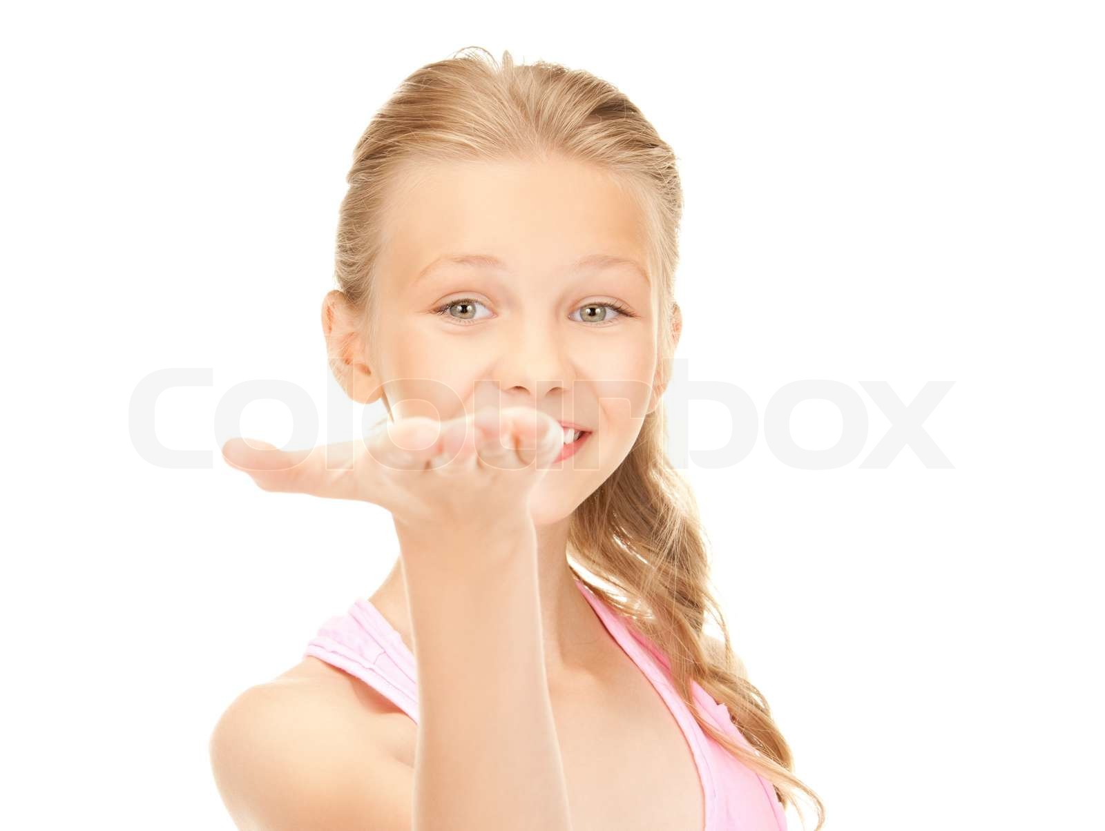lovely girl holding something on the palm of her hand | Stock image ...