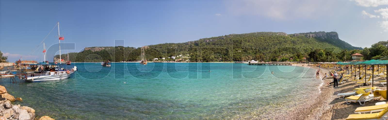 Panoramic view on beautiful bay and public beach in Kemer, Turkey known ...