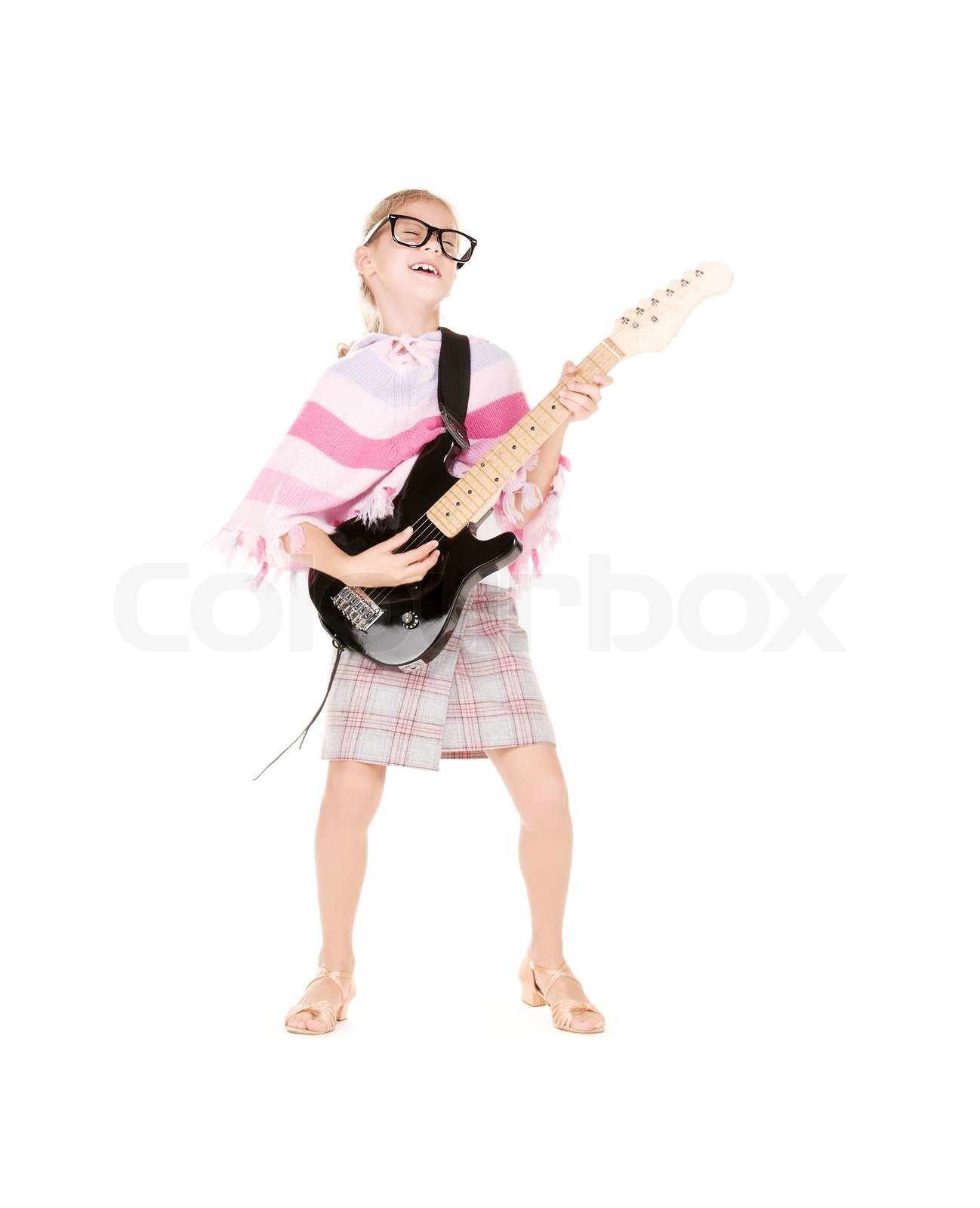 picture of funny girl in specs with electric guitar | Stock image ...