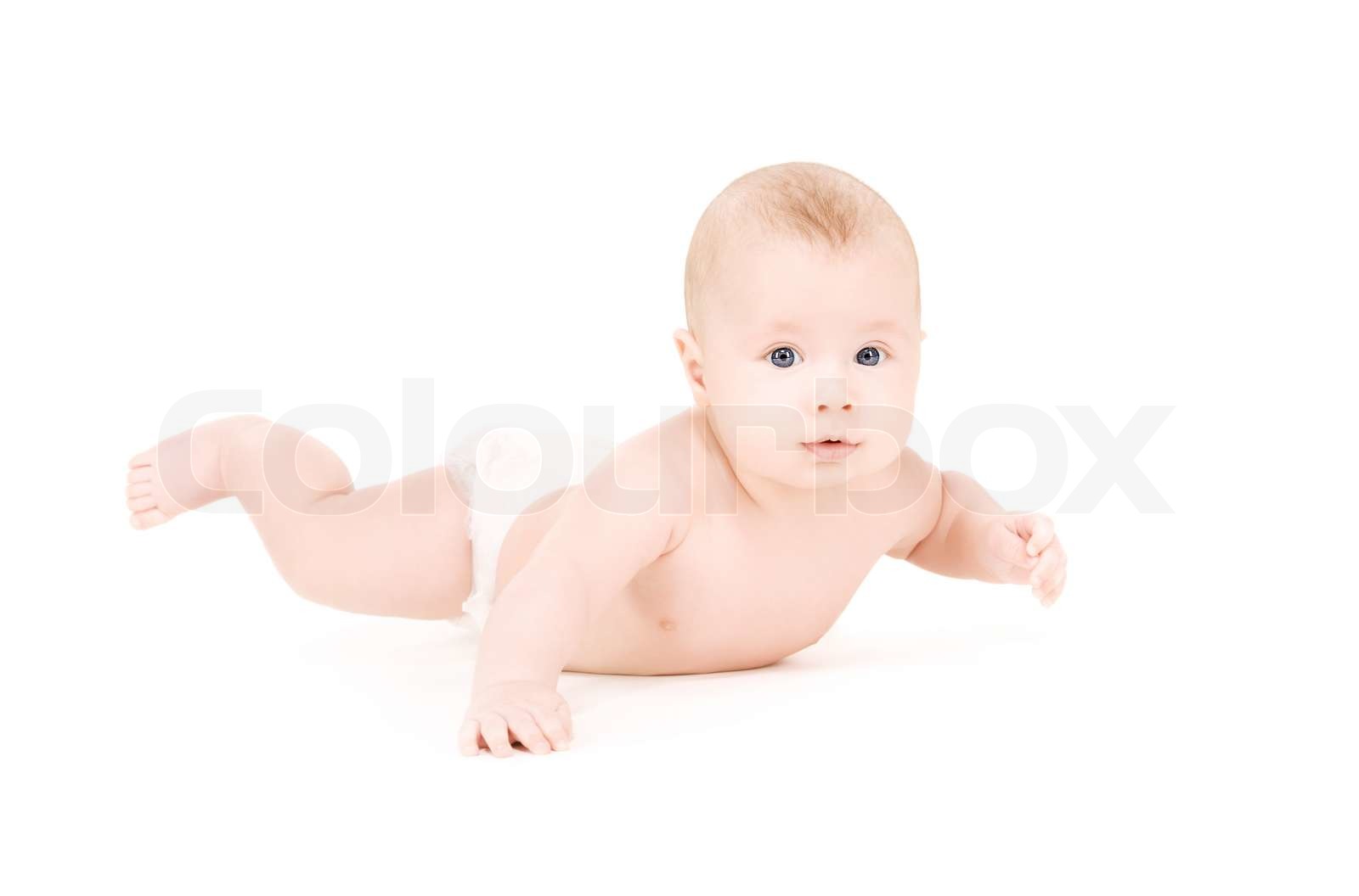 billede af om baby dreng i ble over hvide | Stock foto | Colourbox