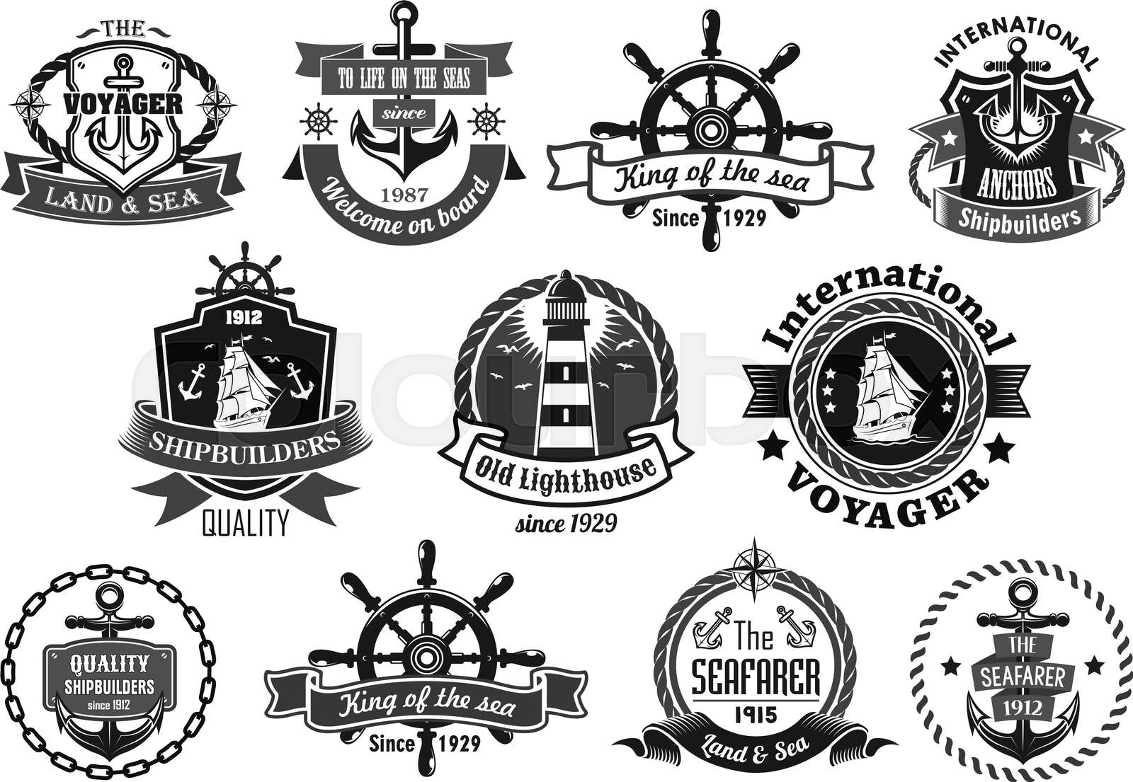 Sea emblem set with anchor, helm, sailing ship | Stock vector | Colourbox