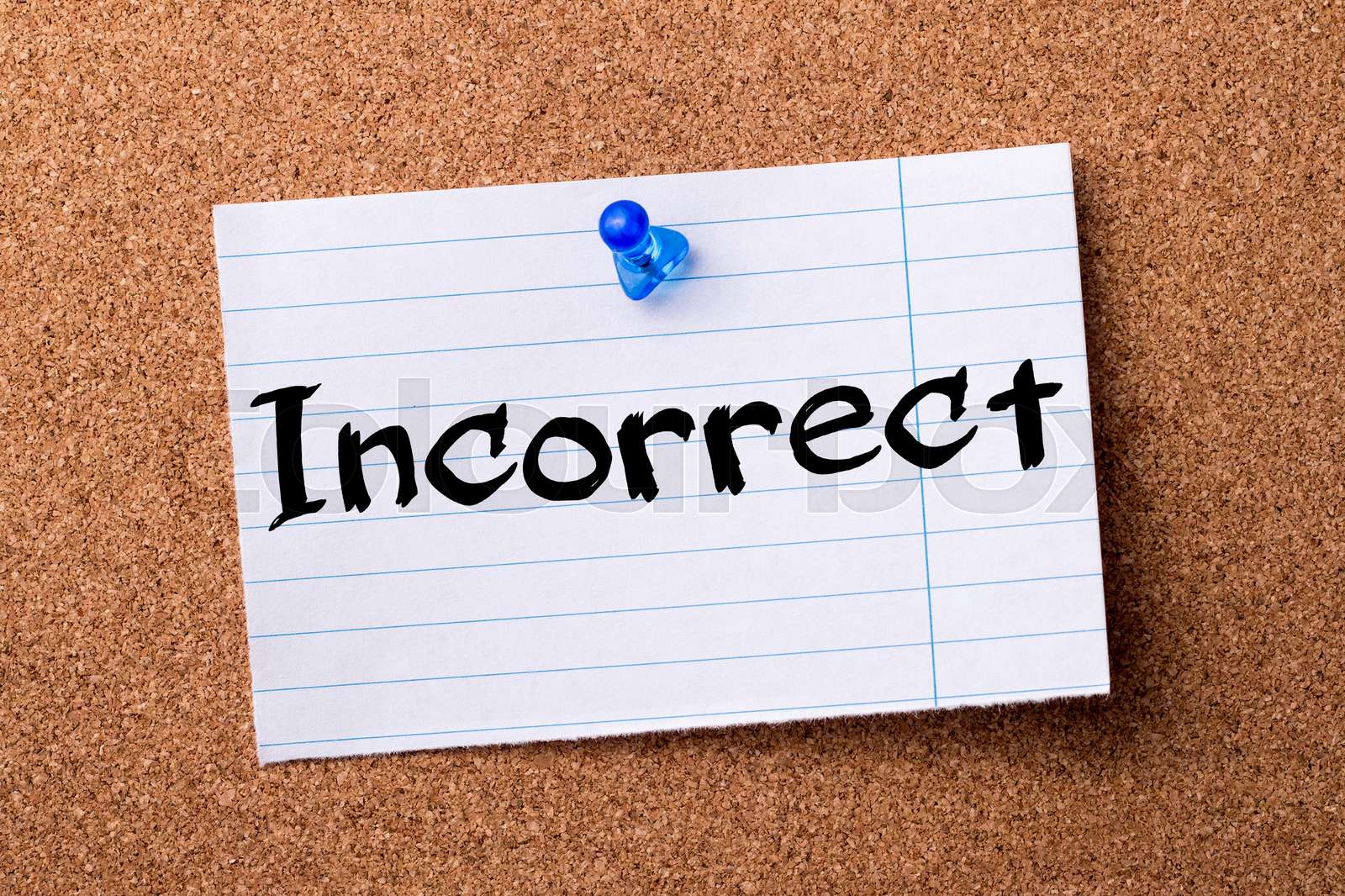 Incorrect - teared note paper pinned on bulletin board | Stock image ...