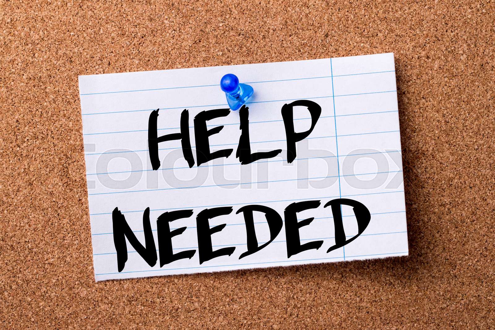 HELP NEEDED - teared note paper pinned on bulletin board | Stock image ...