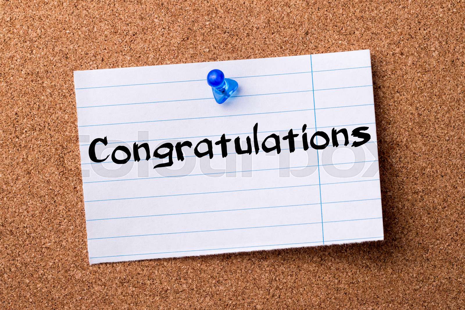 Congratulations - teared note paper pinned on bulletin board | Stock ...