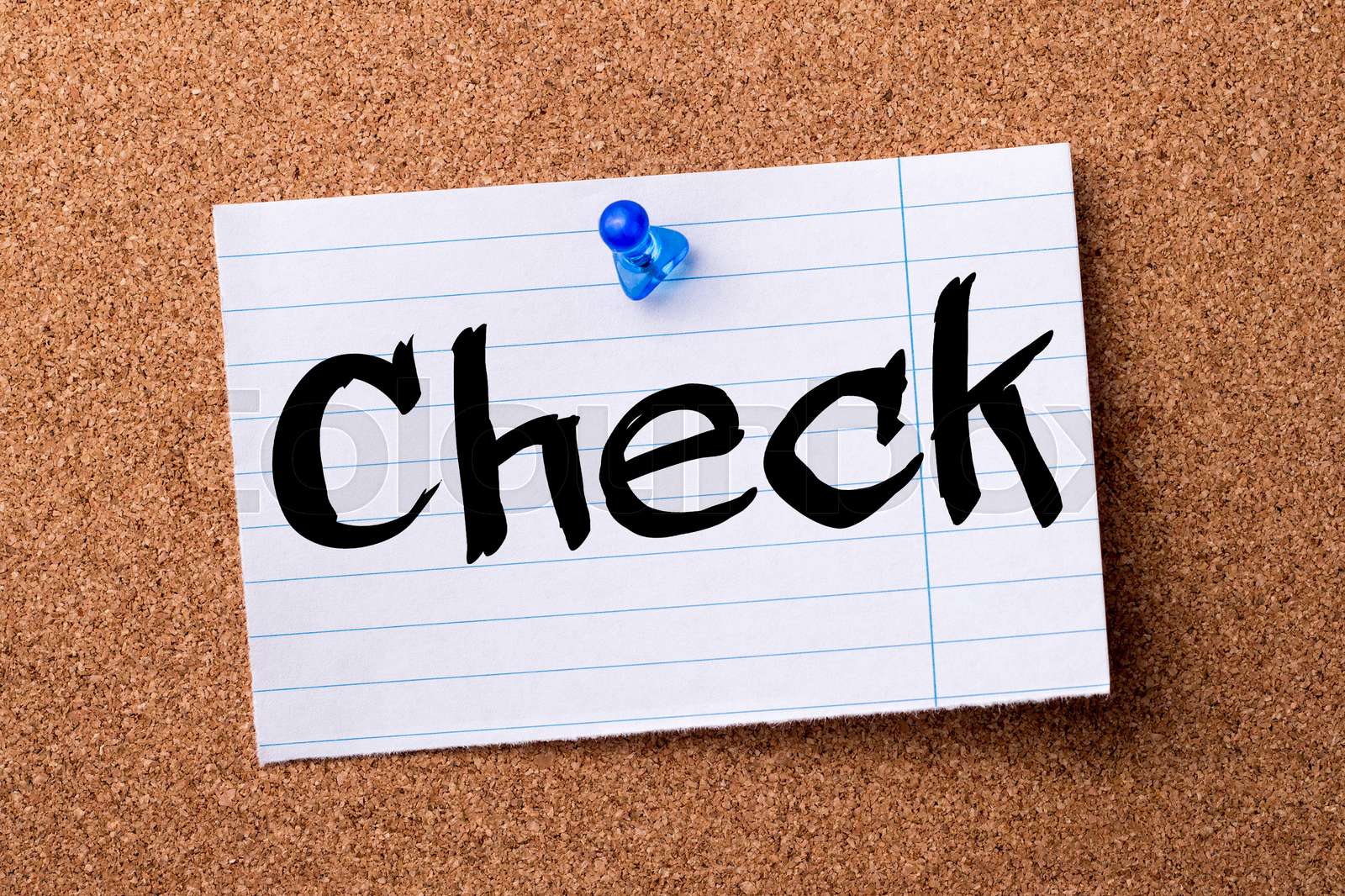 Check - teared note paper pinned on bulletin board | Stock image ...