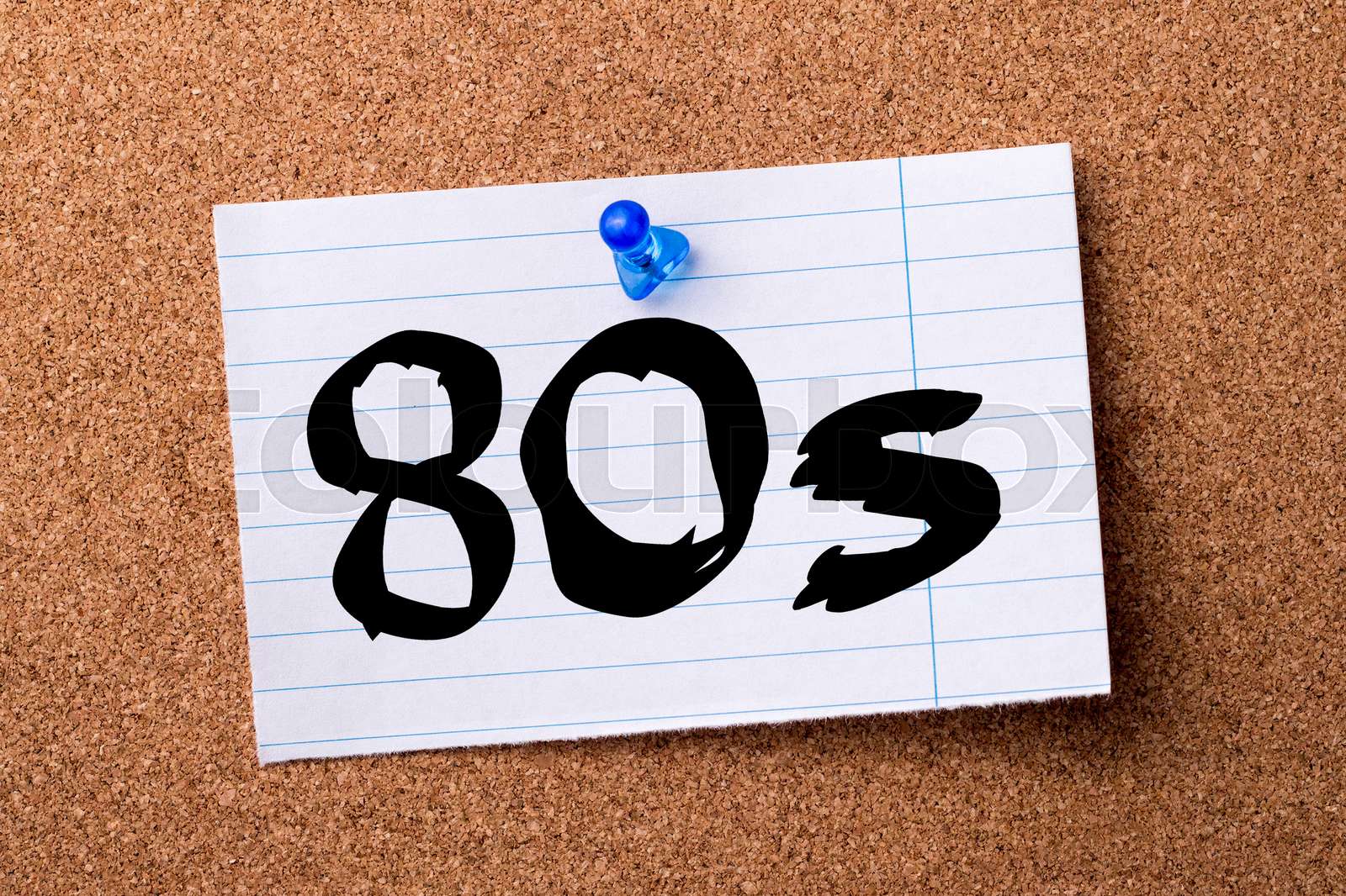 80s - teared note paper pinned on bulletin board | Stock image | Colourbox
