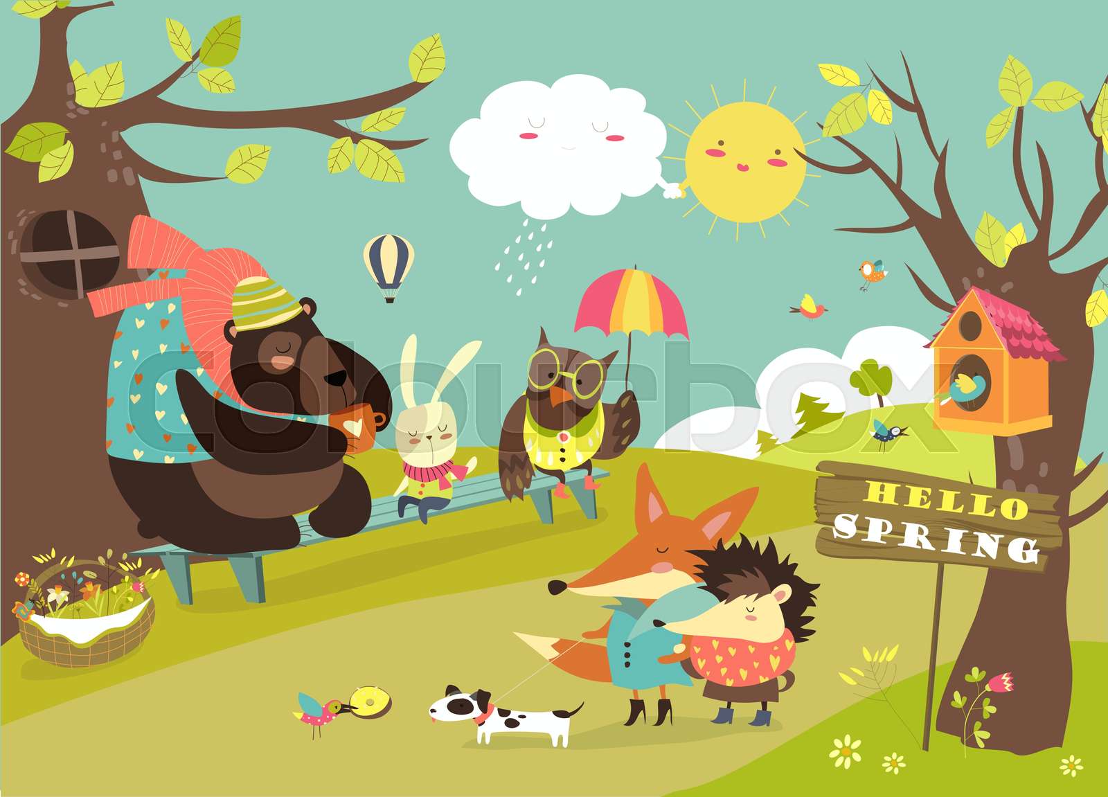 Cute animals walking in spring forest | Stock vector | Colourbox