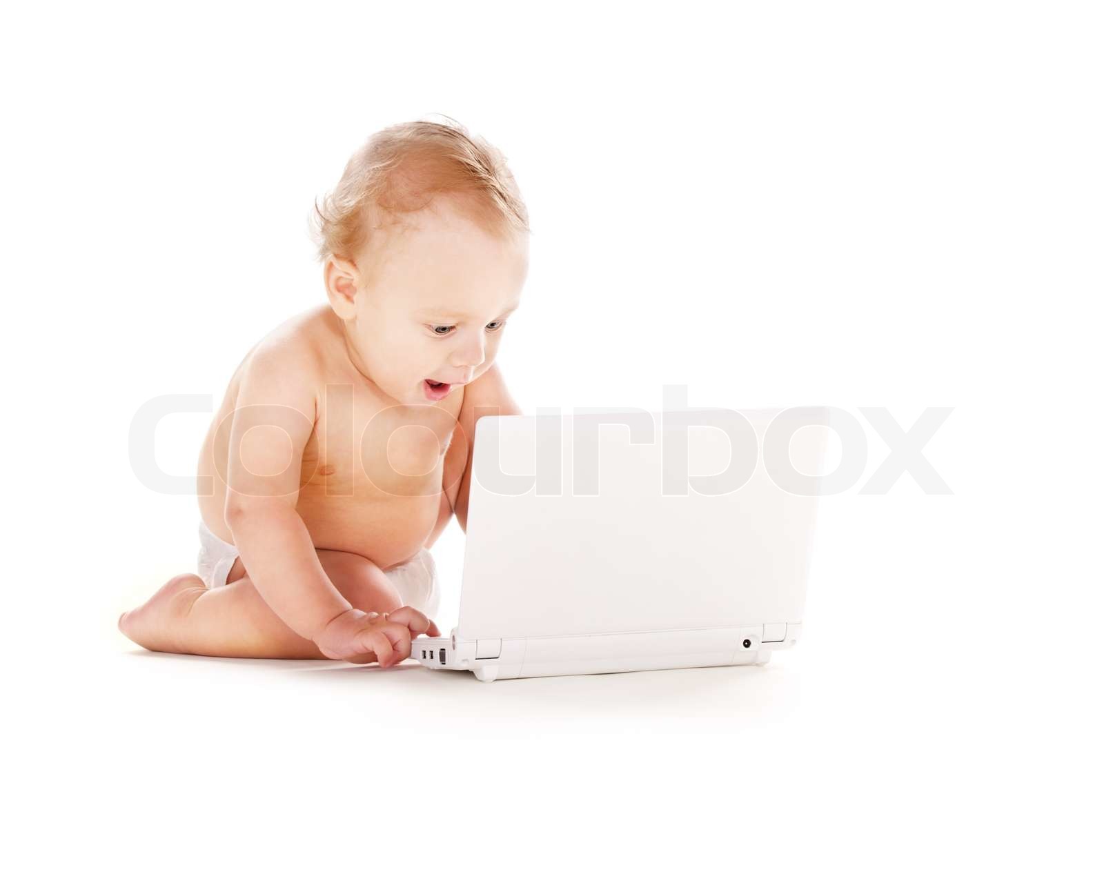 picture of baby boy in diaper with laptop computer | Stock image ...