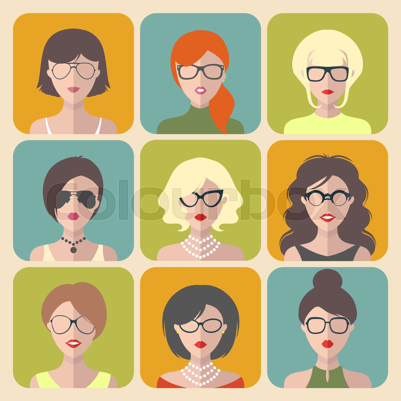 Vector set of different women app icons in glasses in flat style ...