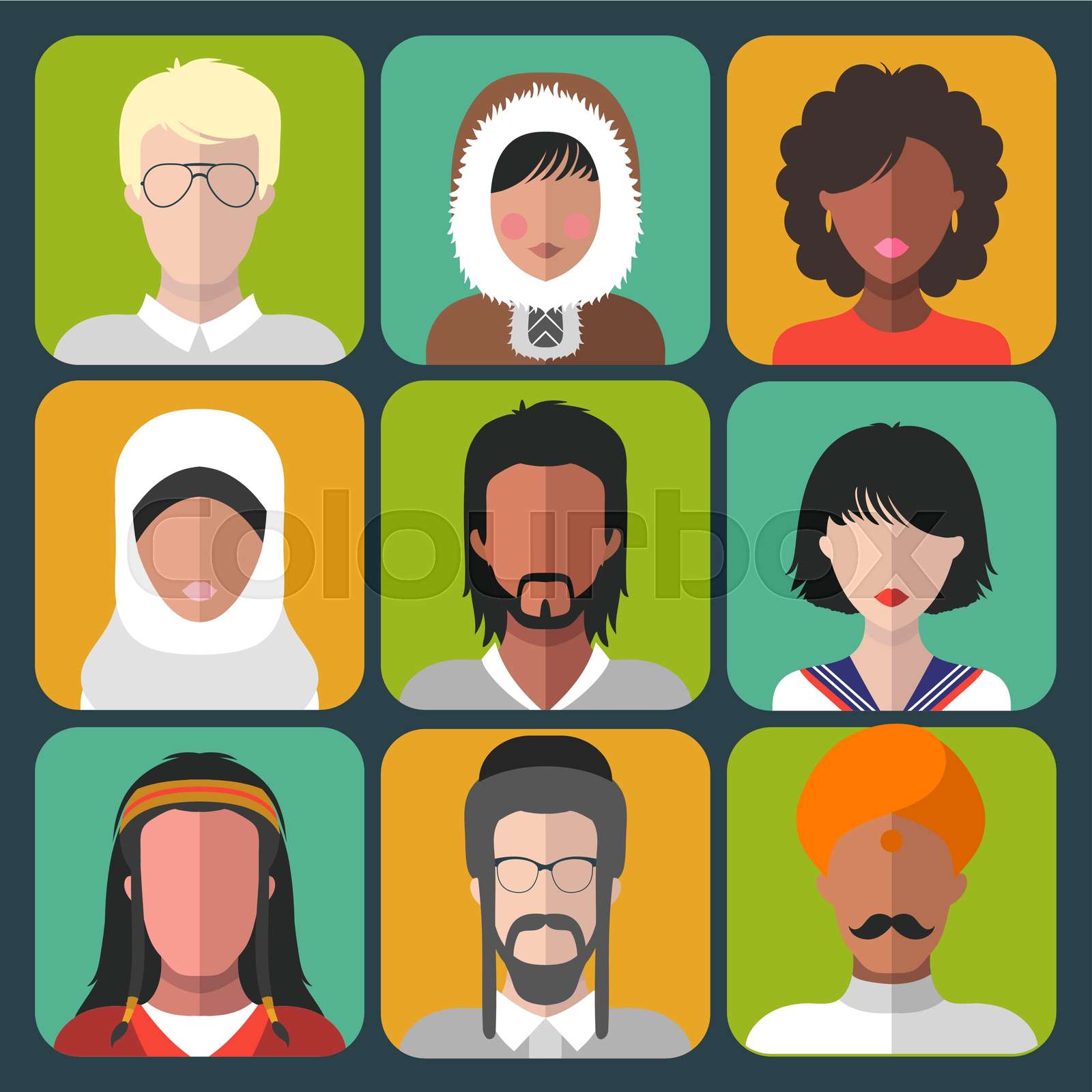 Vector set of different nationality man and woman icons in trendy flat ...