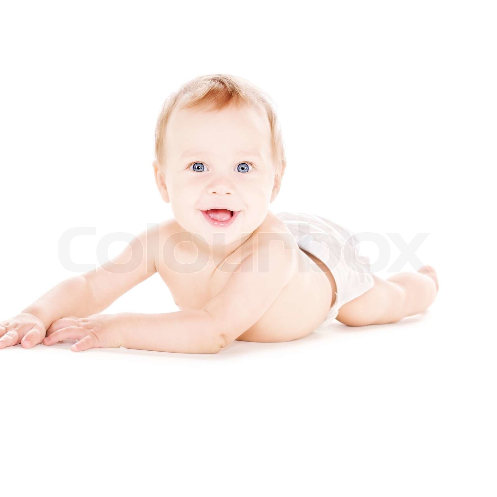 billede af om baby dreng i ble over hvide | Stock foto | Colourbox