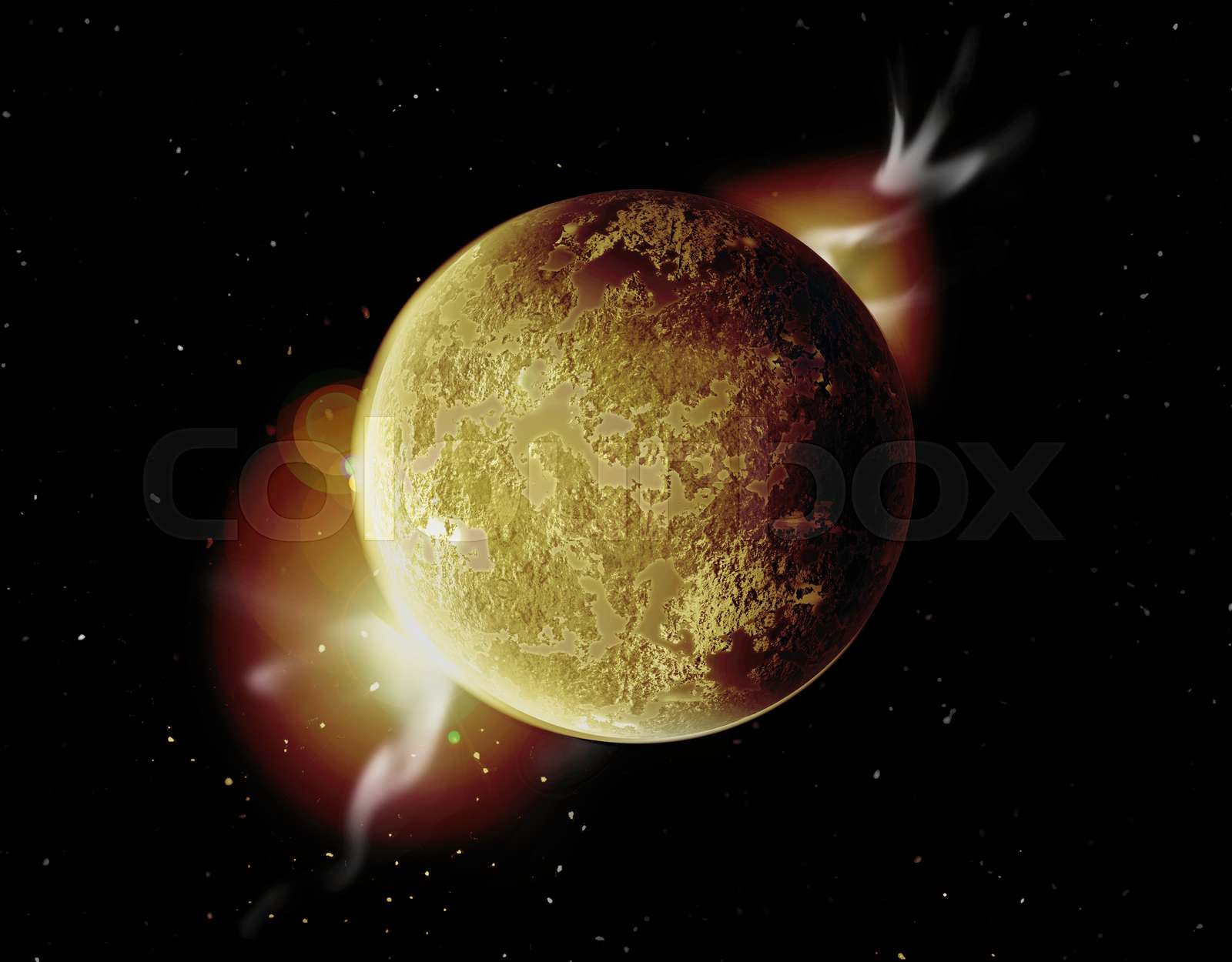 yellow planet 3d illustration in universe with aura and stars | Stock ...