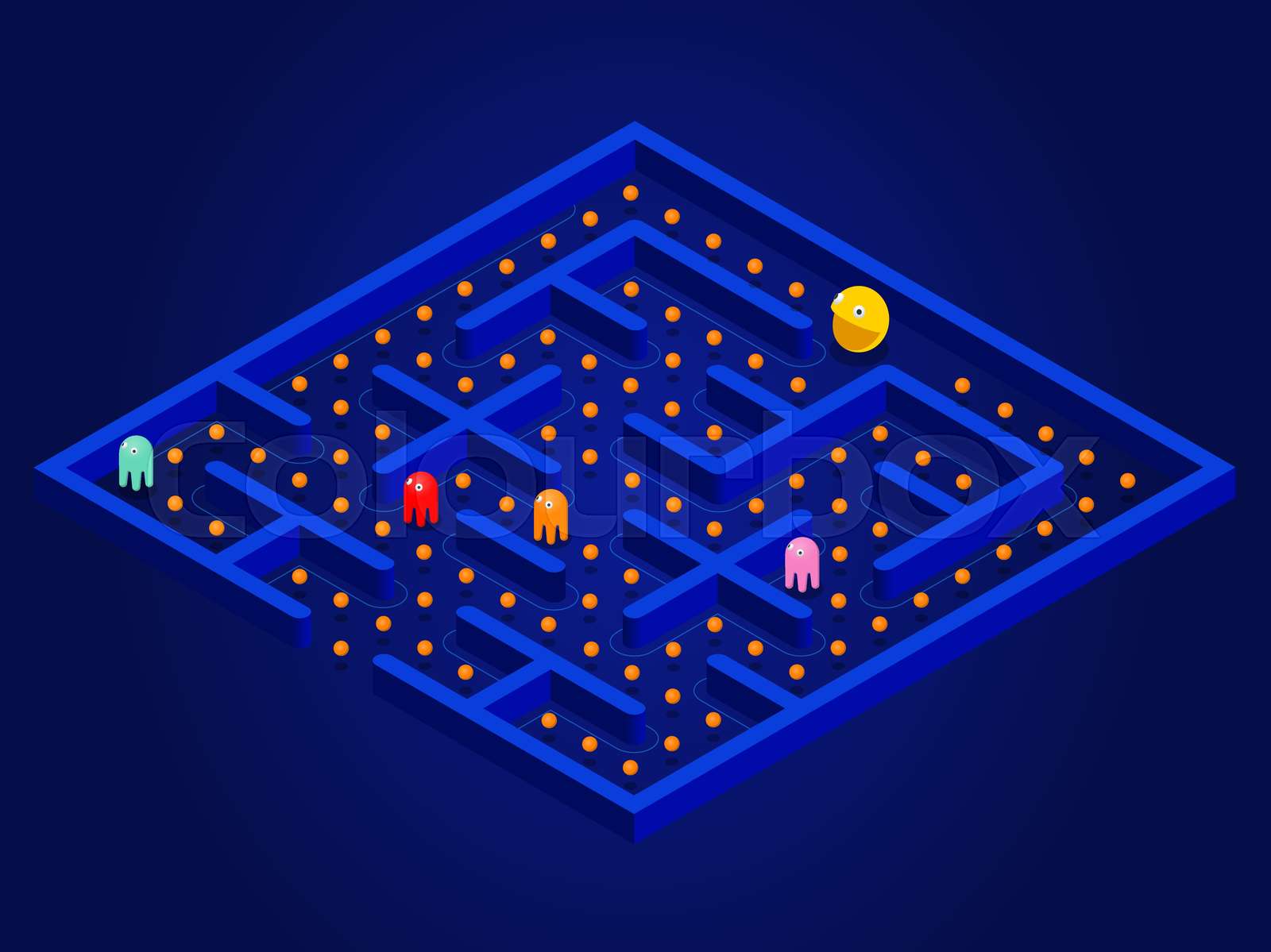 Pacman game with ghosts, maze and user interface. Video game Vector ...