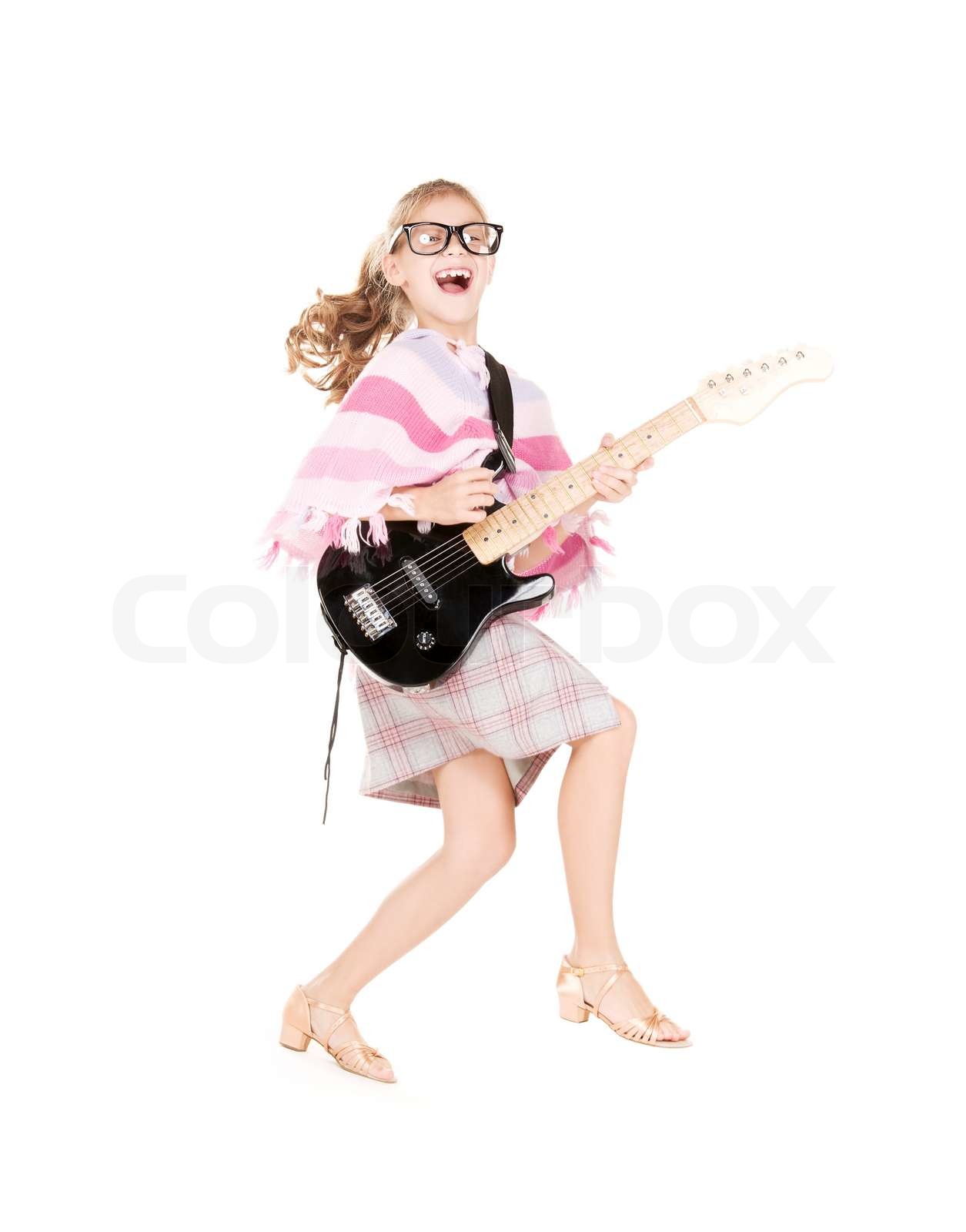 billede af sjove pige i specs med elektrisk guitar | Stock foto | Colourbox