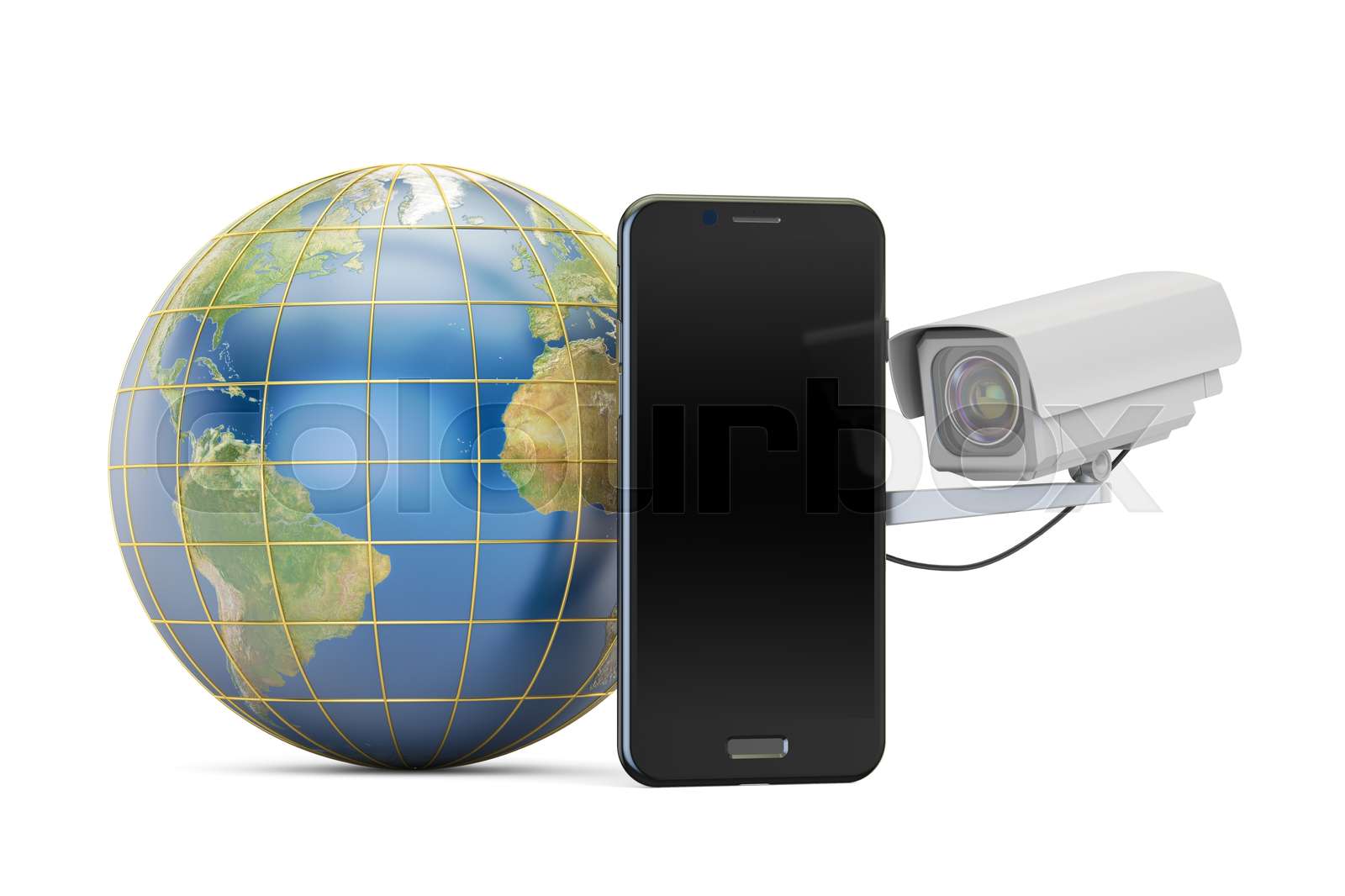Security camera with globe Earth and phone, 3D rendering | Stock image ...