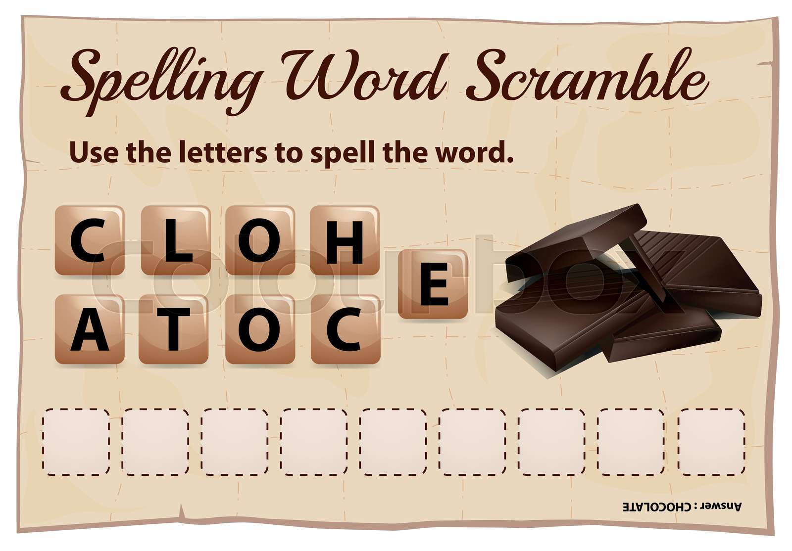 Spelling word scramble game with word chocolate | Stock vector | Colourbox