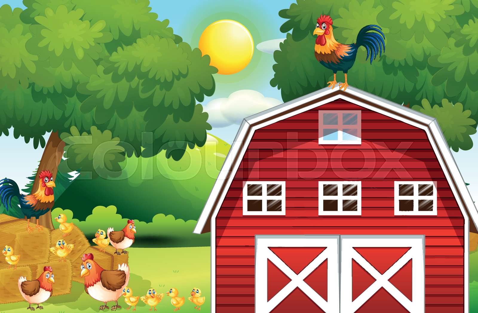 Farm scene with chickens on the barn | Stock vector | Colourbox
