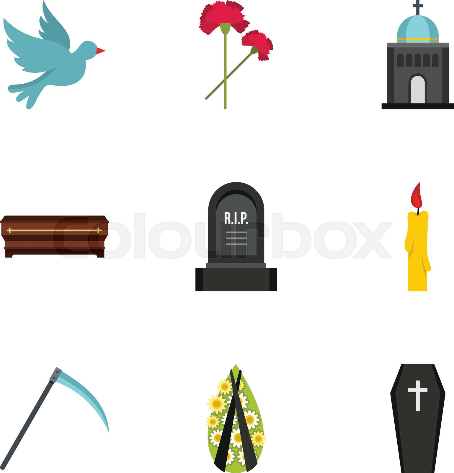 Cemetery icons set, flat style | Stock vector | Colourbox