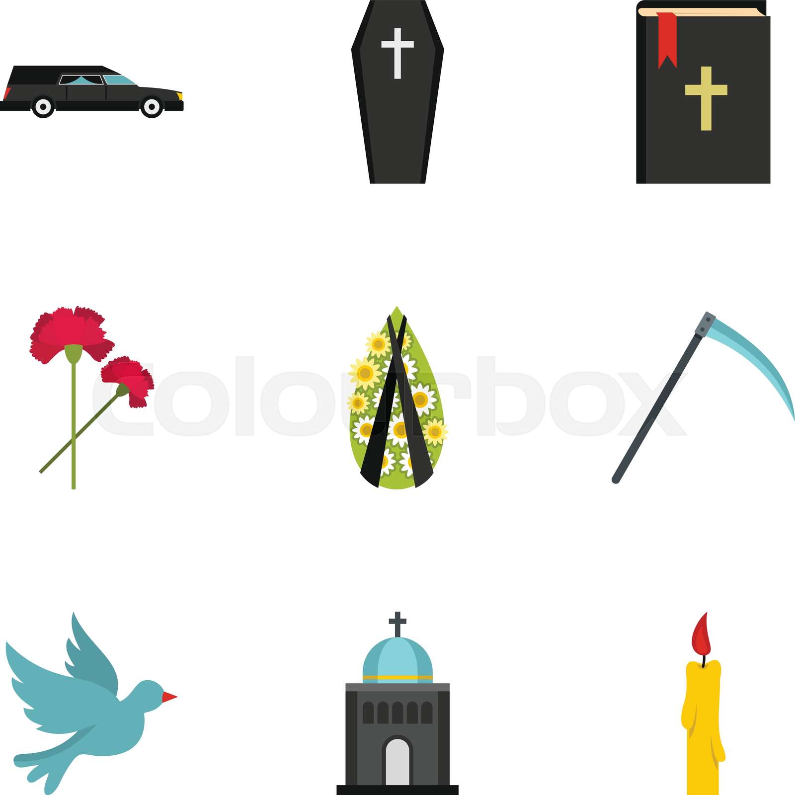 Funeral icons set, flat style | Stock vector | Colourbox