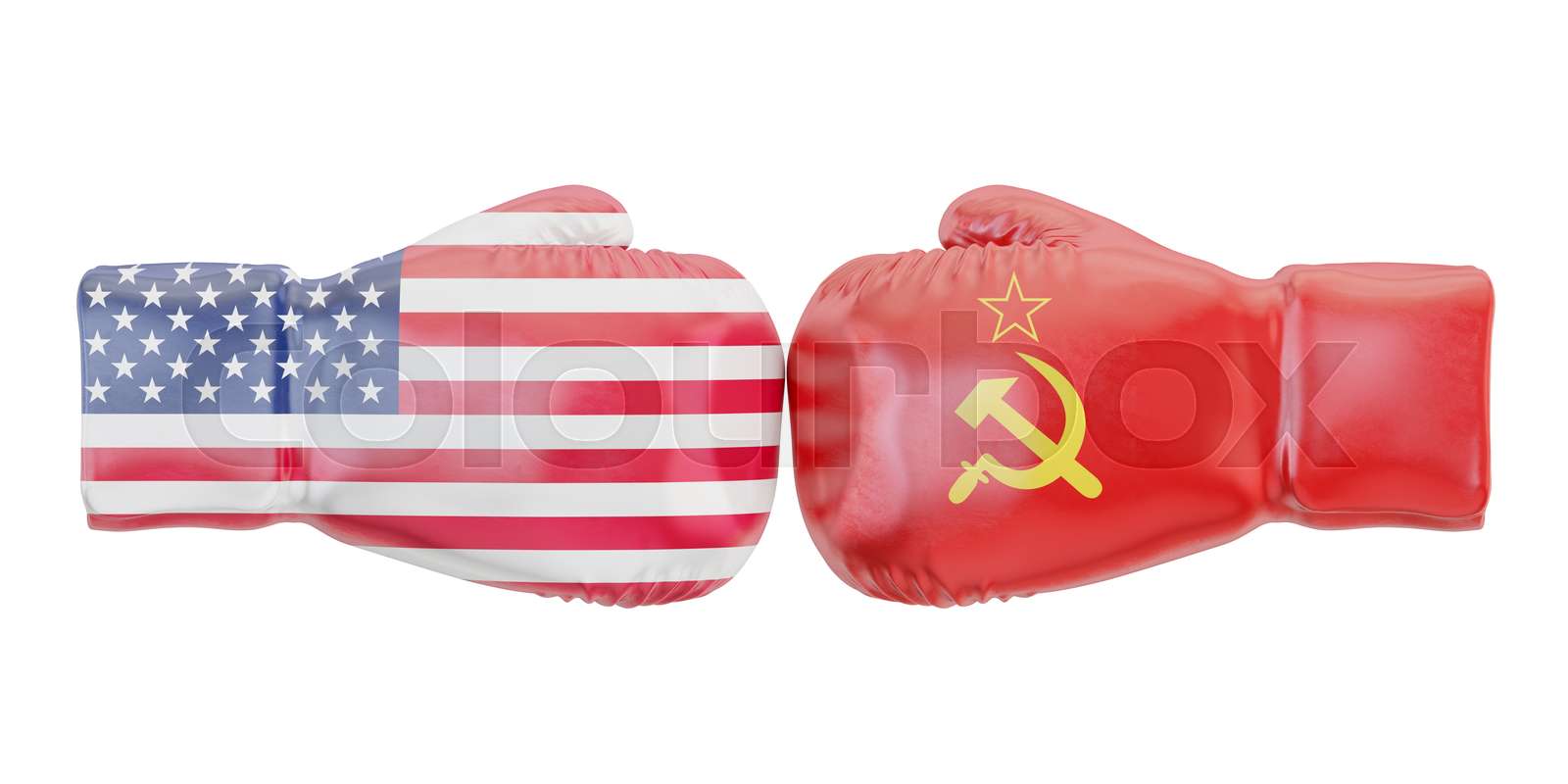 Boxing gloves with USA and USSR flags. Governments conflict concept, 3D ...