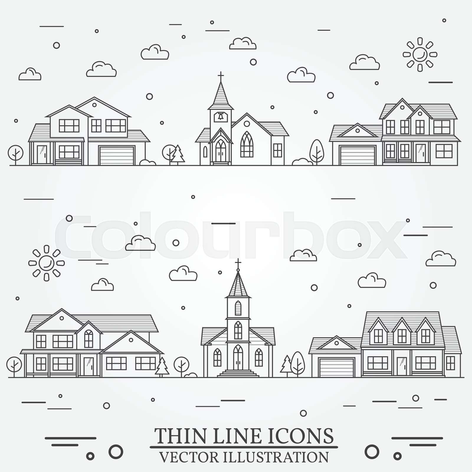 Neighborhood with homes illustrated on white. | Stock vector | Colourbox