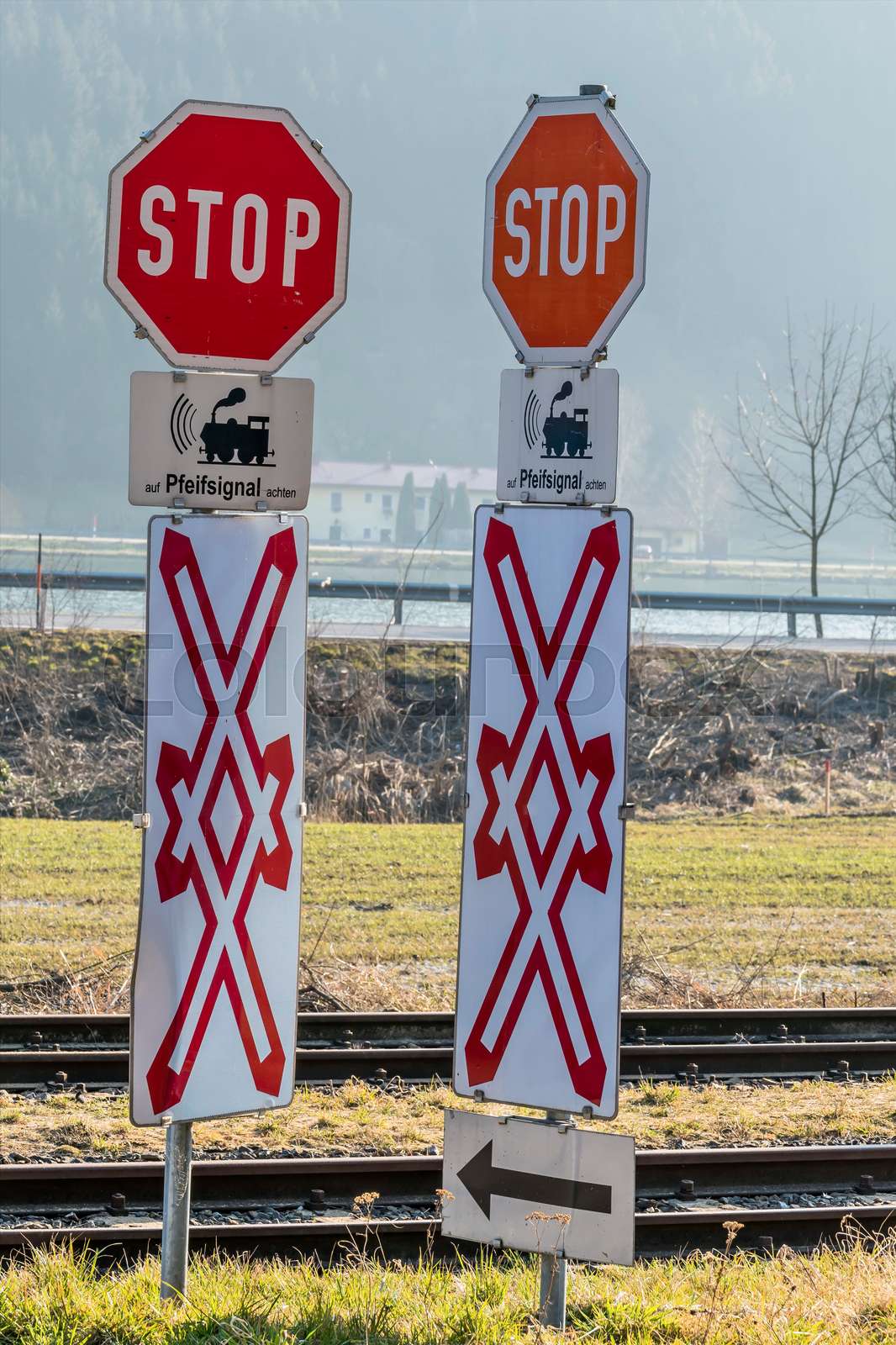 stop signs railroad crossing whistle | Stock image | Colourbox