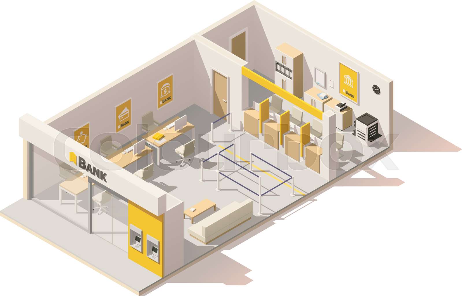 Vector isometric low poly bank interior | Stock vector | Colourbox