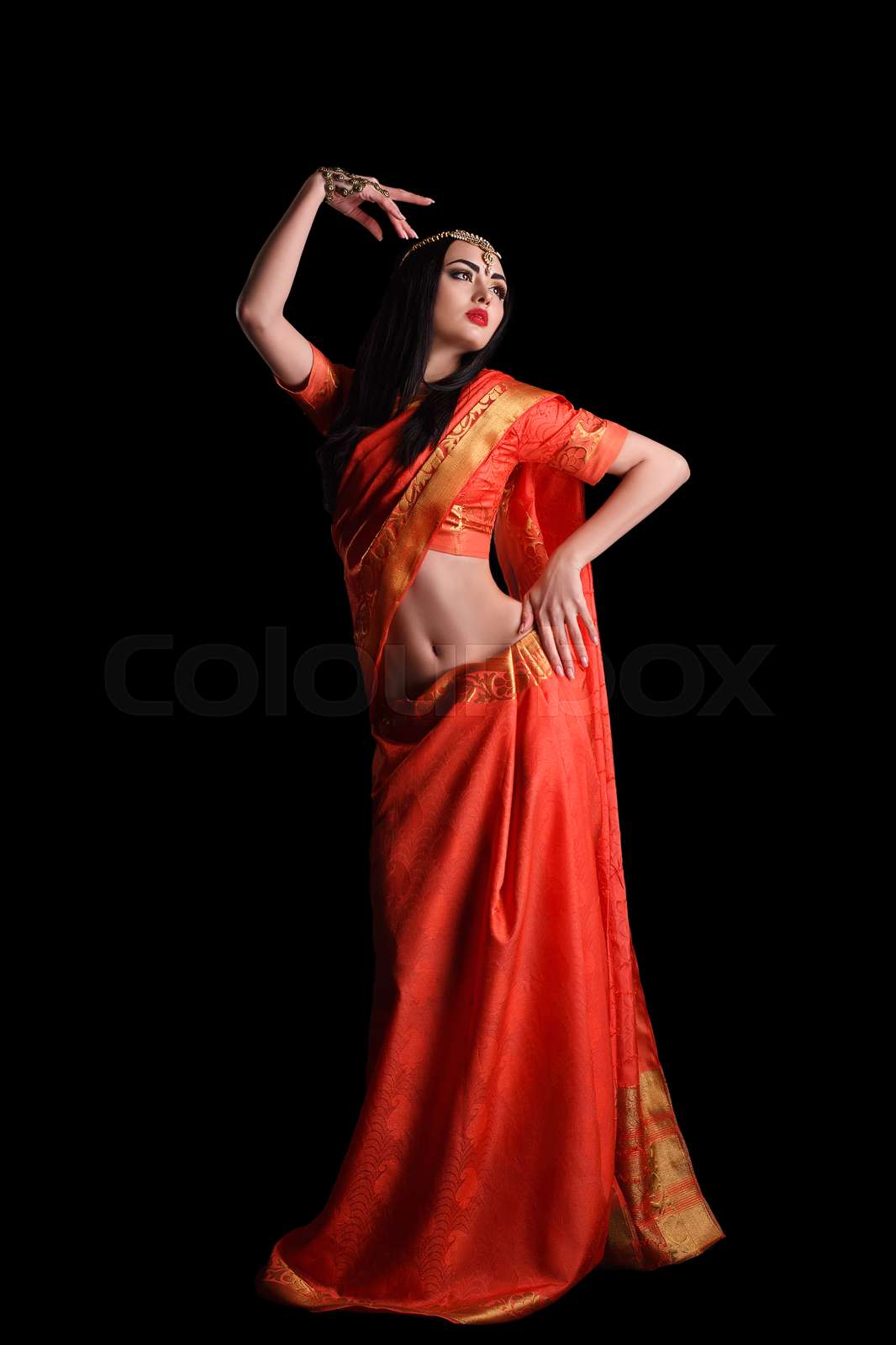 Full body traditional Indian girl in red sari black background. | Stock ...