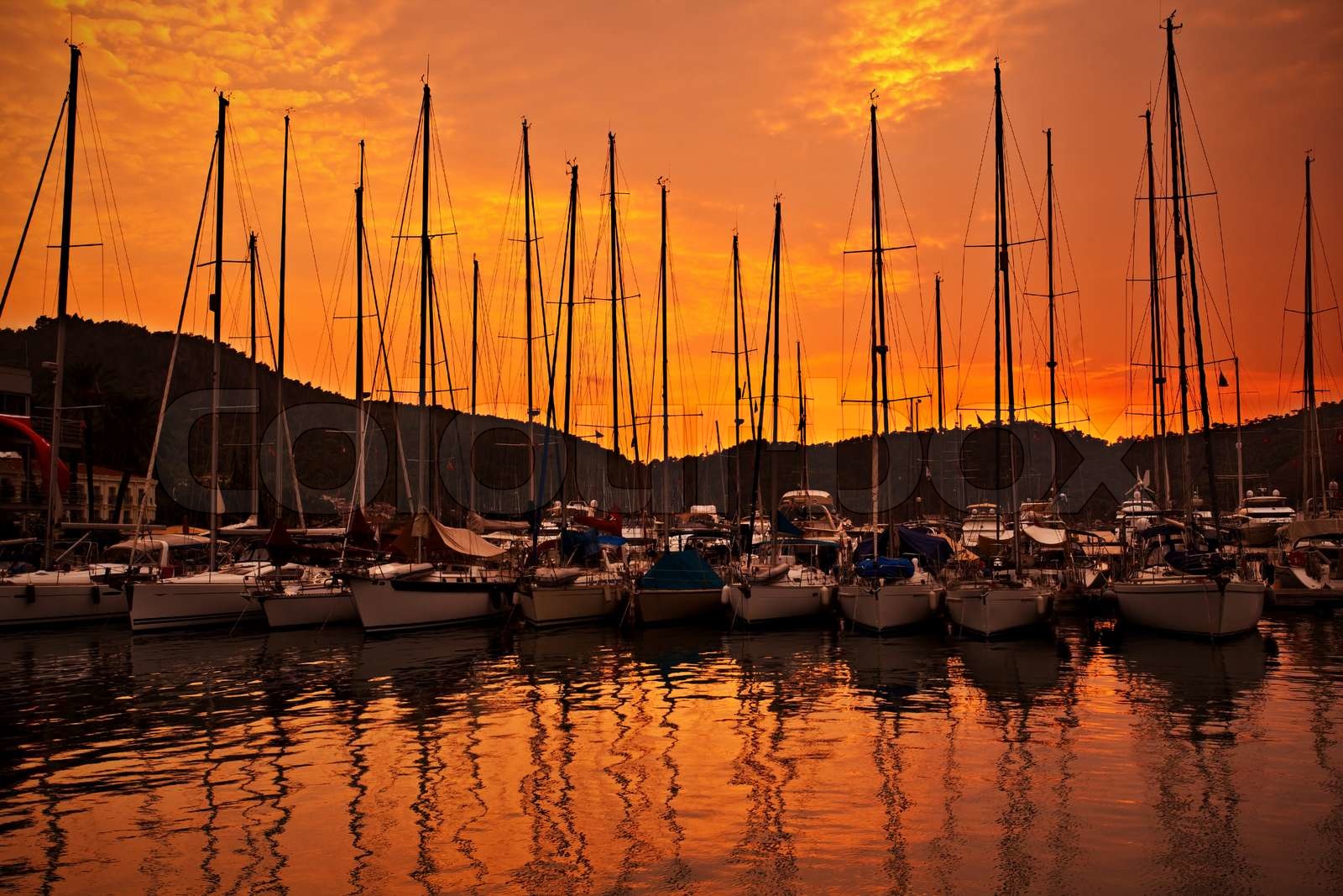 Yacht port over orange sunset with row of luxury sailboats | Stock ...