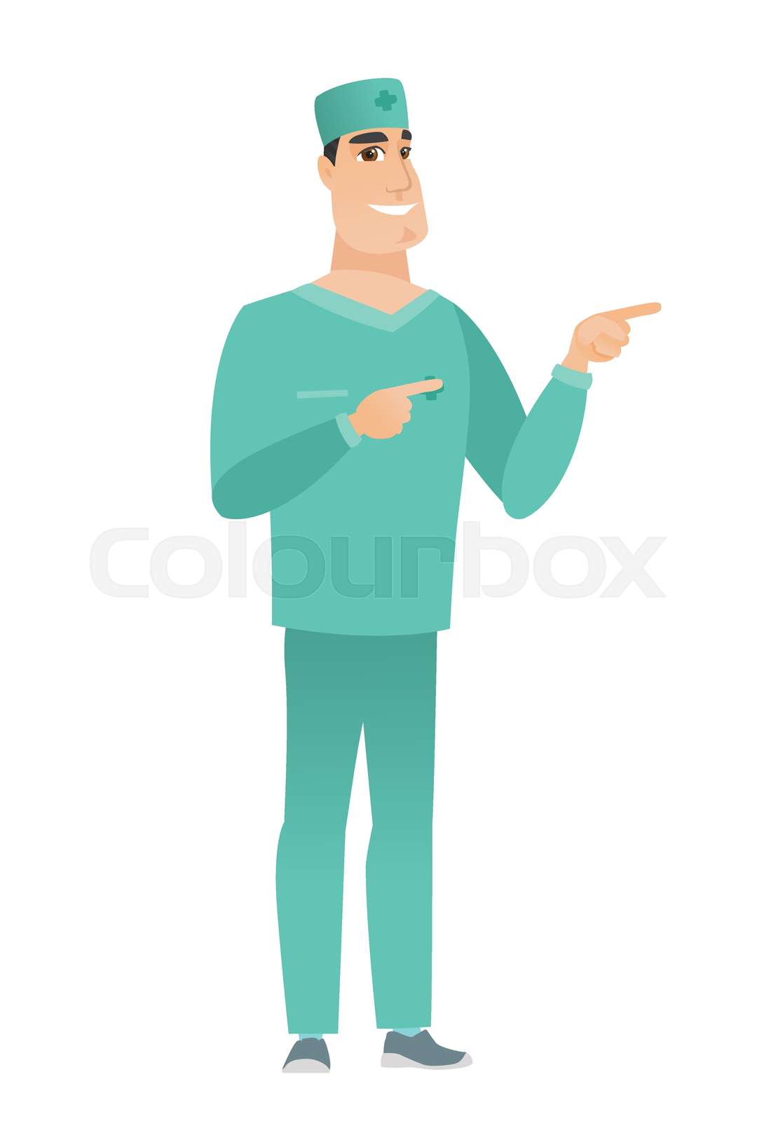 Young caucasian doctor pointing to the side. | Stock vector | Colourbox